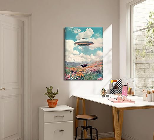 Lark Manor™ Retro Ufo Canvas Wall Art Alien Abduction Cow Paintings ...