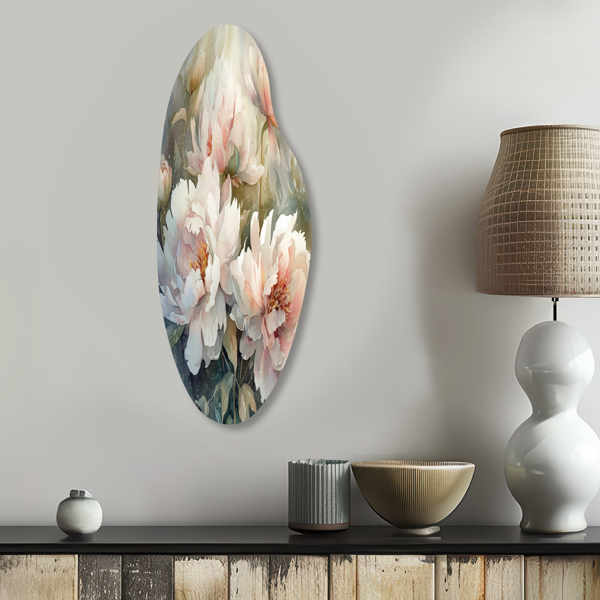 Design Art Pink Green Peonies On Branch II - Peonies Curved Shape Metal ...