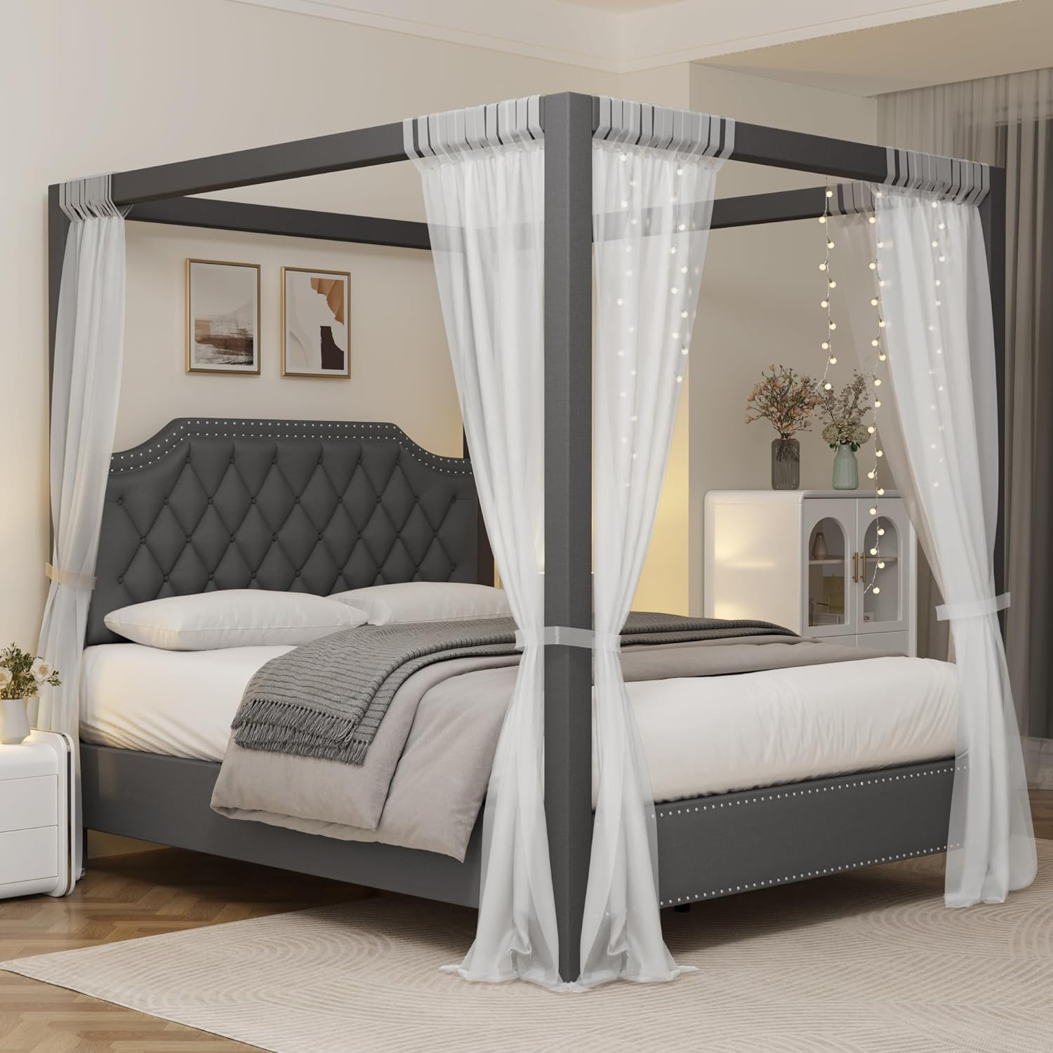 Lark Manor™ Queen Canopy Bed Frame With Upholstered Headboard, Four ...