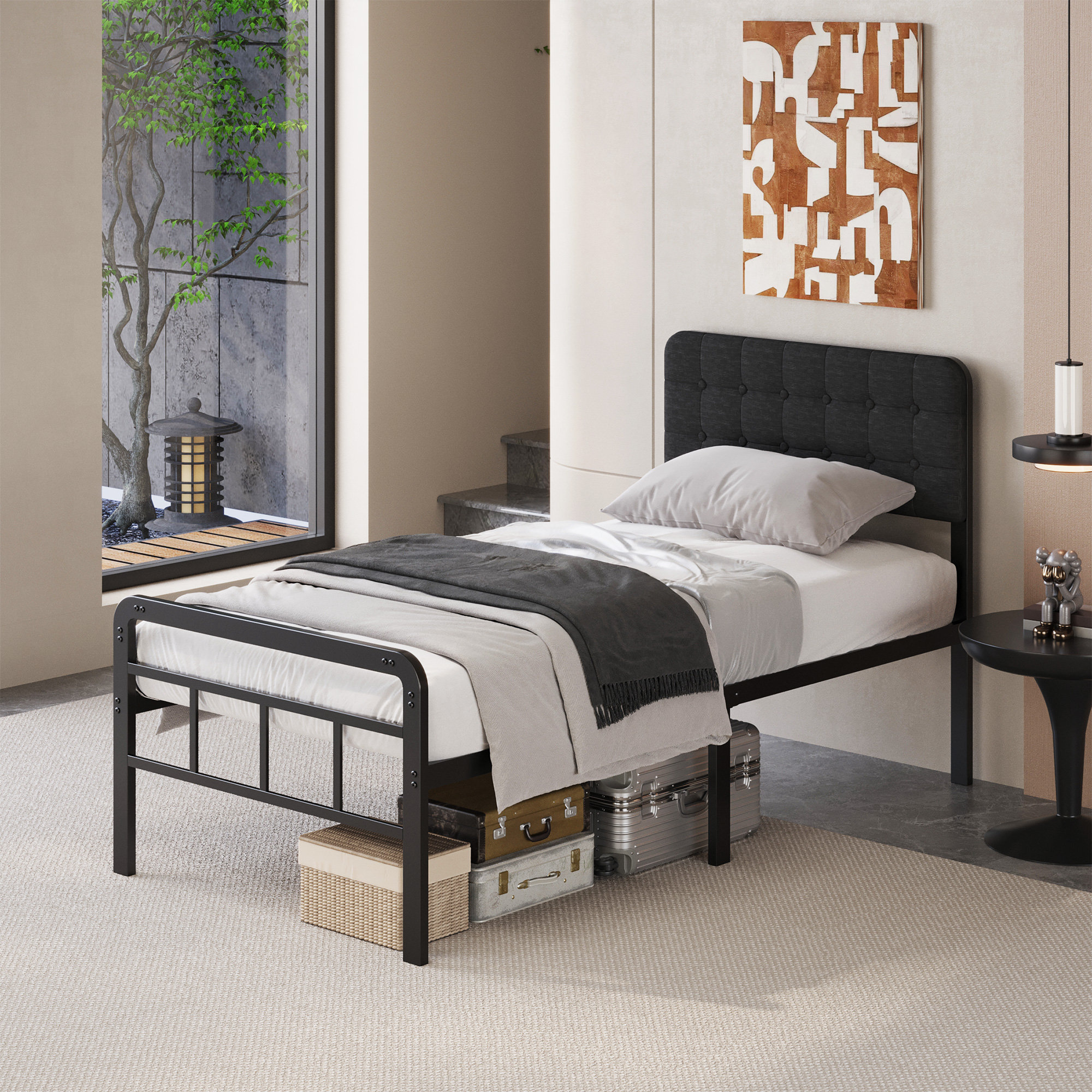 17 Stories 16 Inch Bed Frame with Black Upholstered Headboard and Metal ...