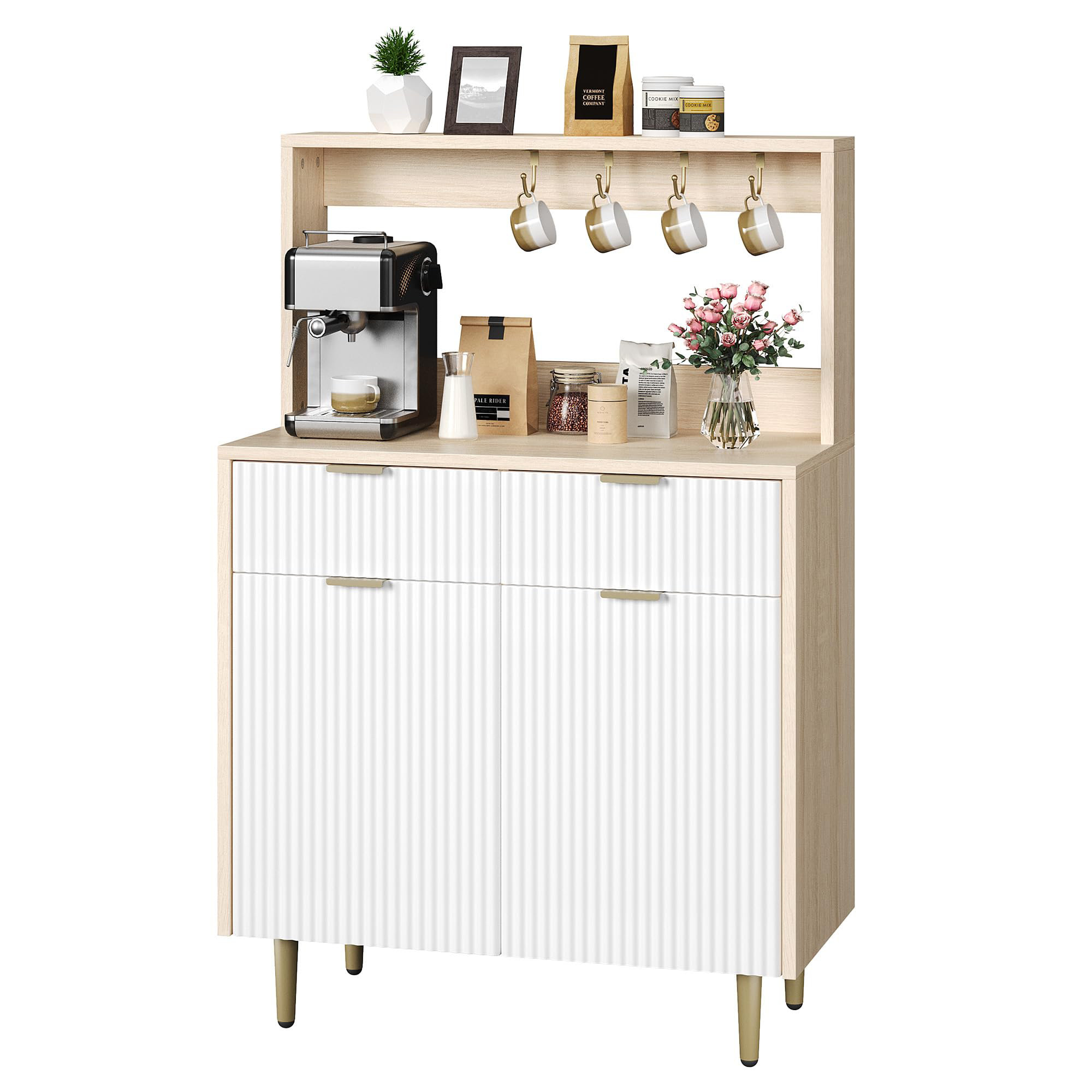 Mercer41 Fluted Sideboard Buffet Cabinet With Storage, Modern Coffee Bar Cabinet With 2 Drawers ...