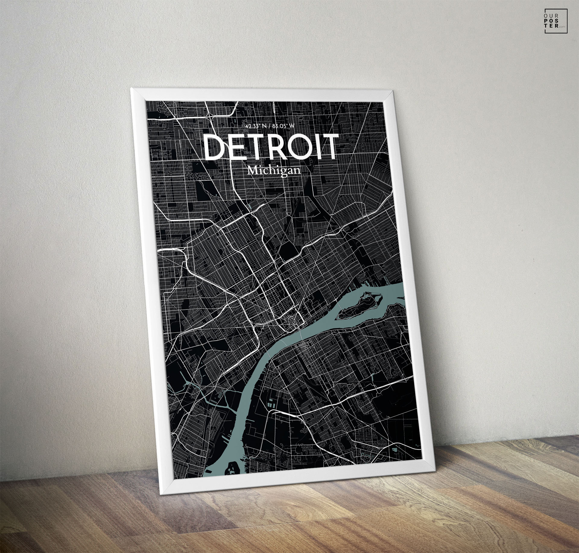 OurPoster.com 'Detroit City Map' Graphic Art Print Poster in Midnight ...
