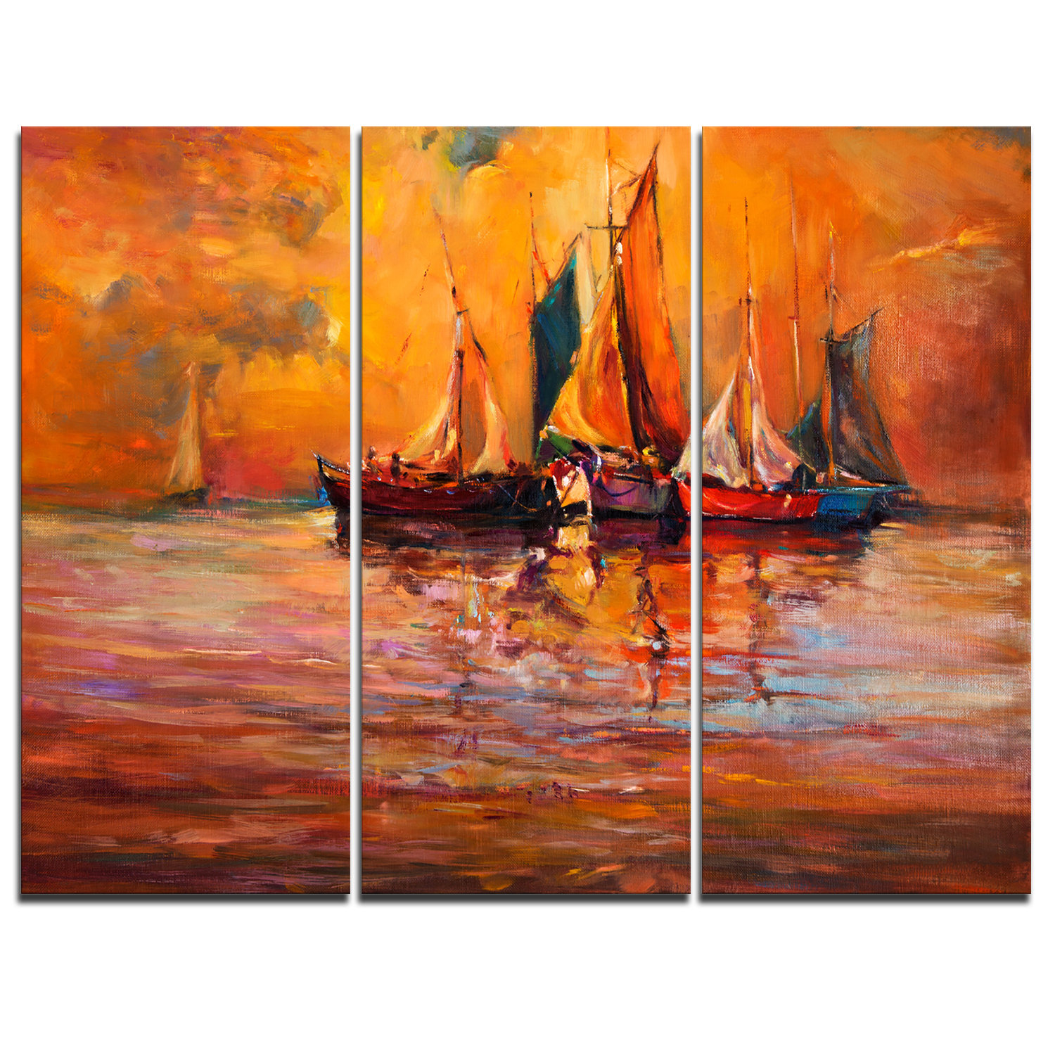 Design Art Boats and Ocean in Red - 3 Piece Painting Print on Wrapped ...