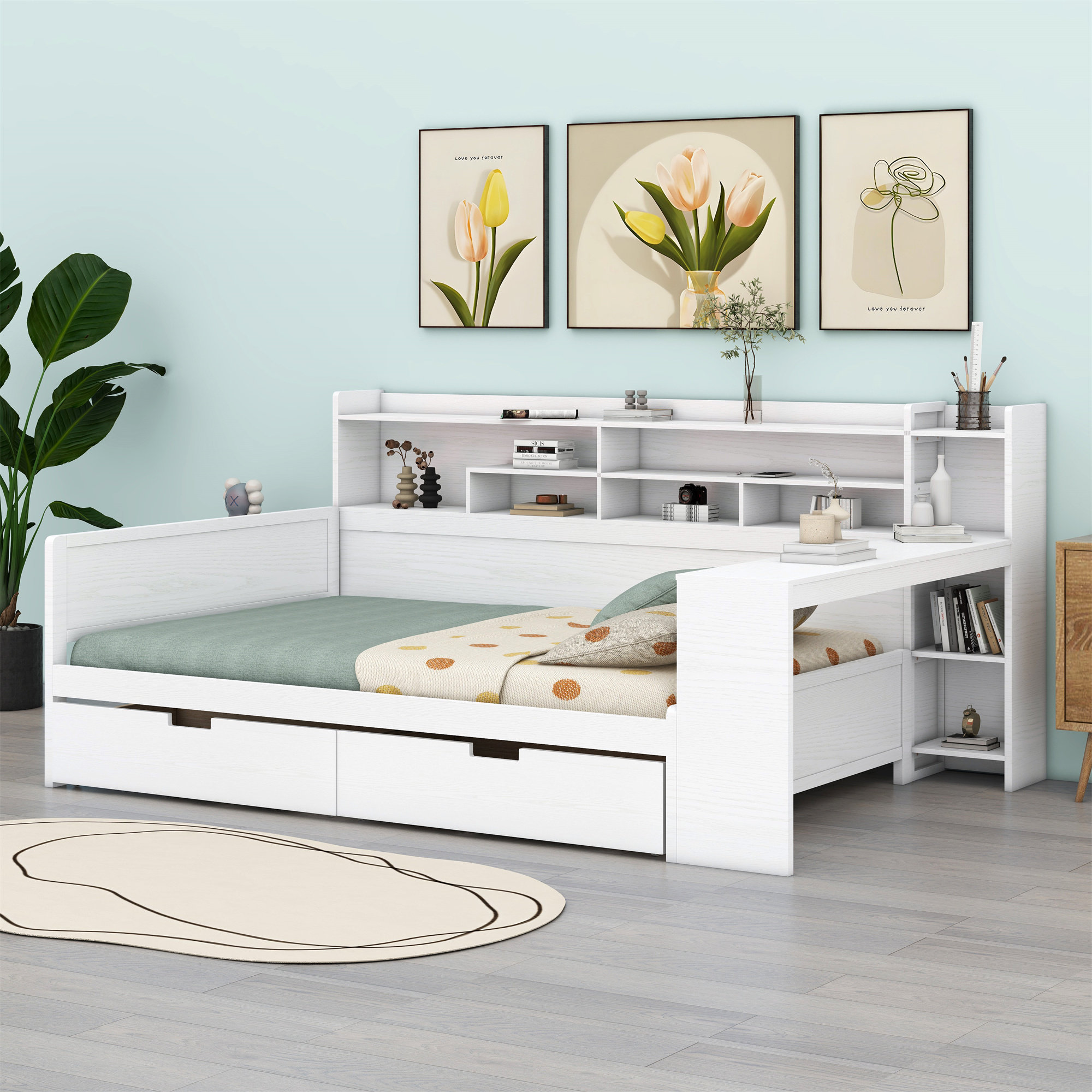 Lark Manor™ Wooden Daybed With Storage Shelves,Two Storage Drawers And ...