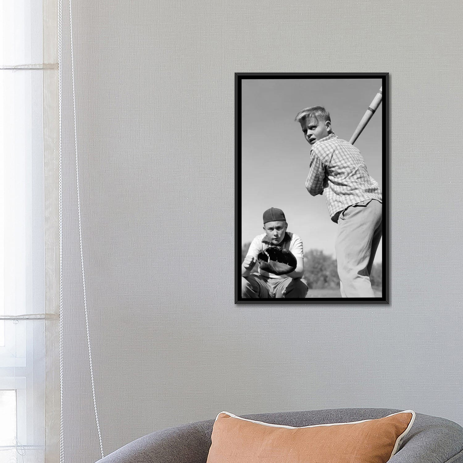 East Urban Home '1950s Teen Boy at Bat with Catcher Crouching Behind ...