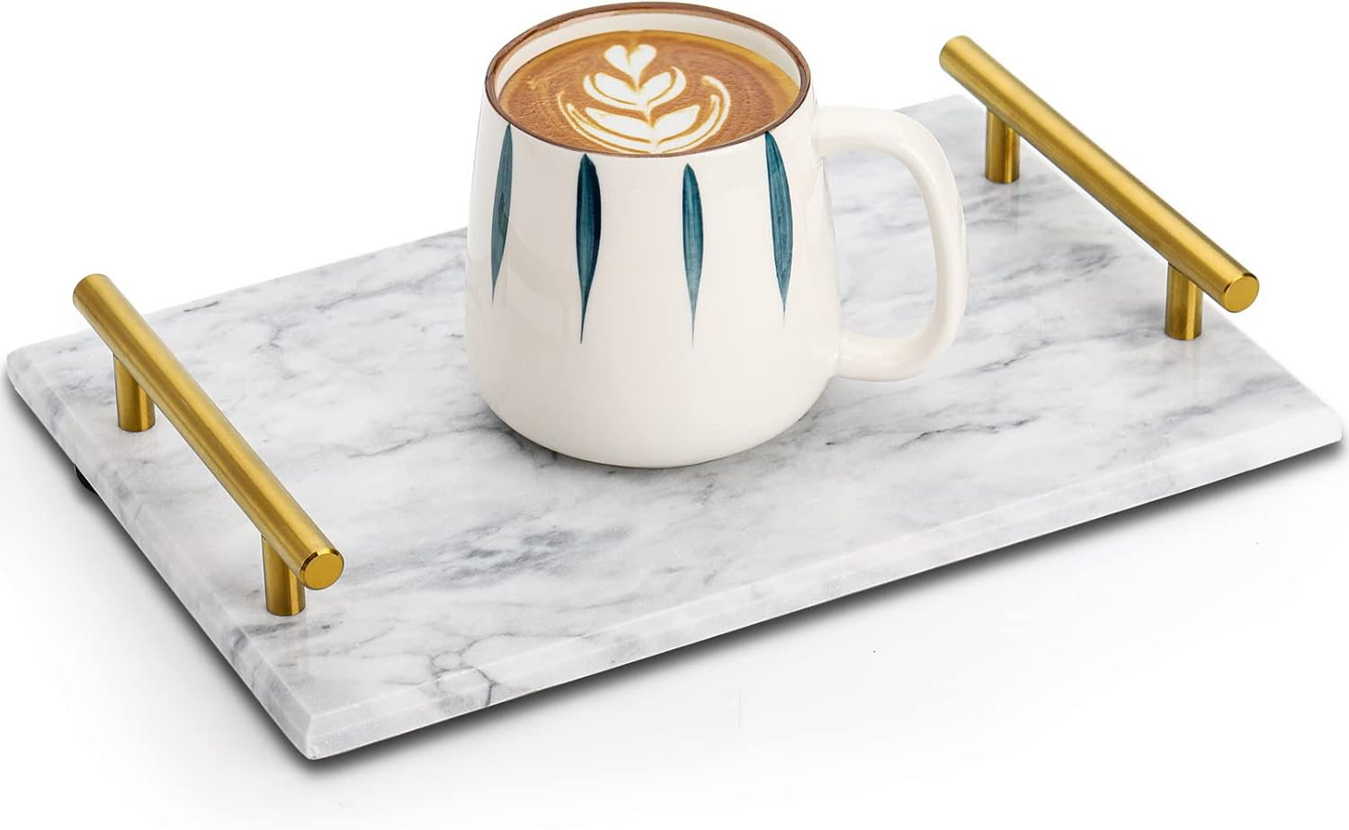 Everly Quinn Marble Tray With Gold Handles, White Marble Stone ...