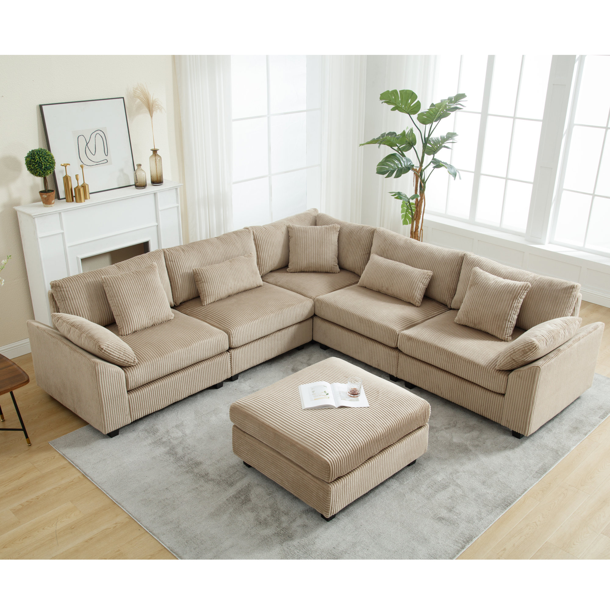 Ebern Designs Comfortable L-shape Ottoman Sofa In Soft Brown Corduroy ...