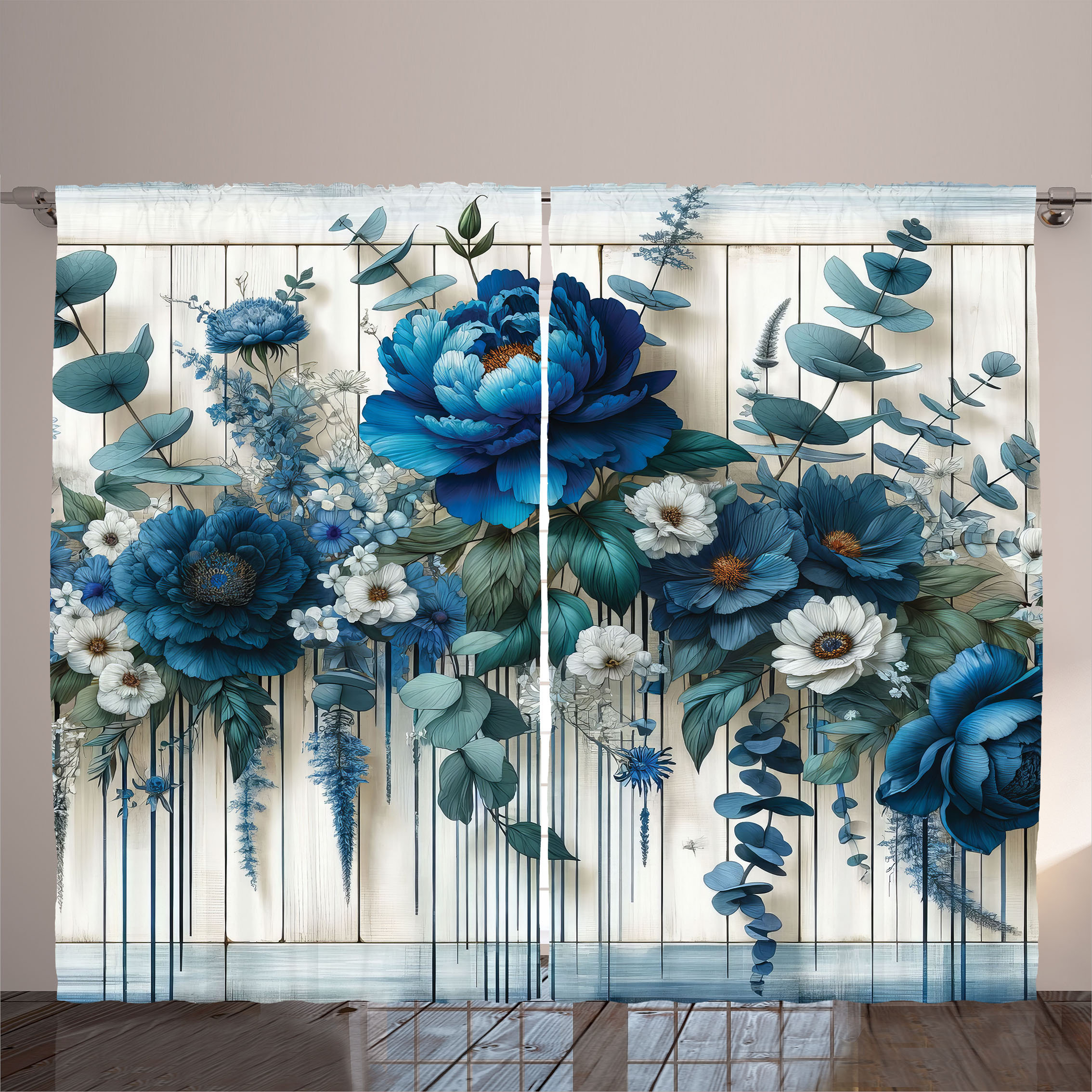 Latitude Run® Curtains 2 Panel Set, Floral Peony Daisy Eucalyptus, Teal ...