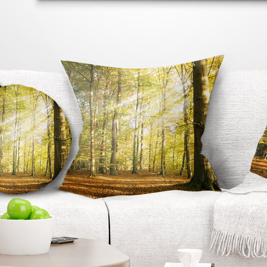 Design Art Sun Rays Hitting Forest - Landscape Printed Pillow | Wayfair