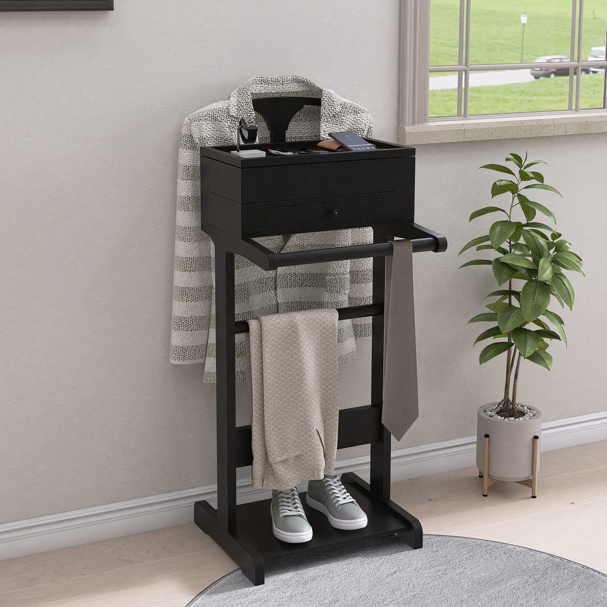 Latitude Run® Clothing Rack With Storage Shelves, Wooden Valet Stand ...