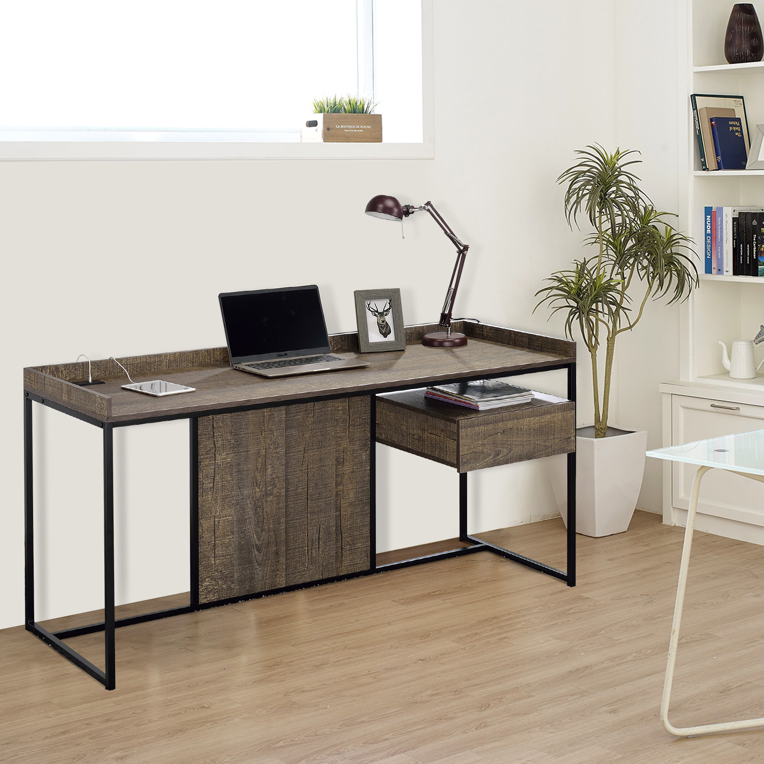 17 Stories Home and office Multifunctional Computer Desk,Rustic Oak ...