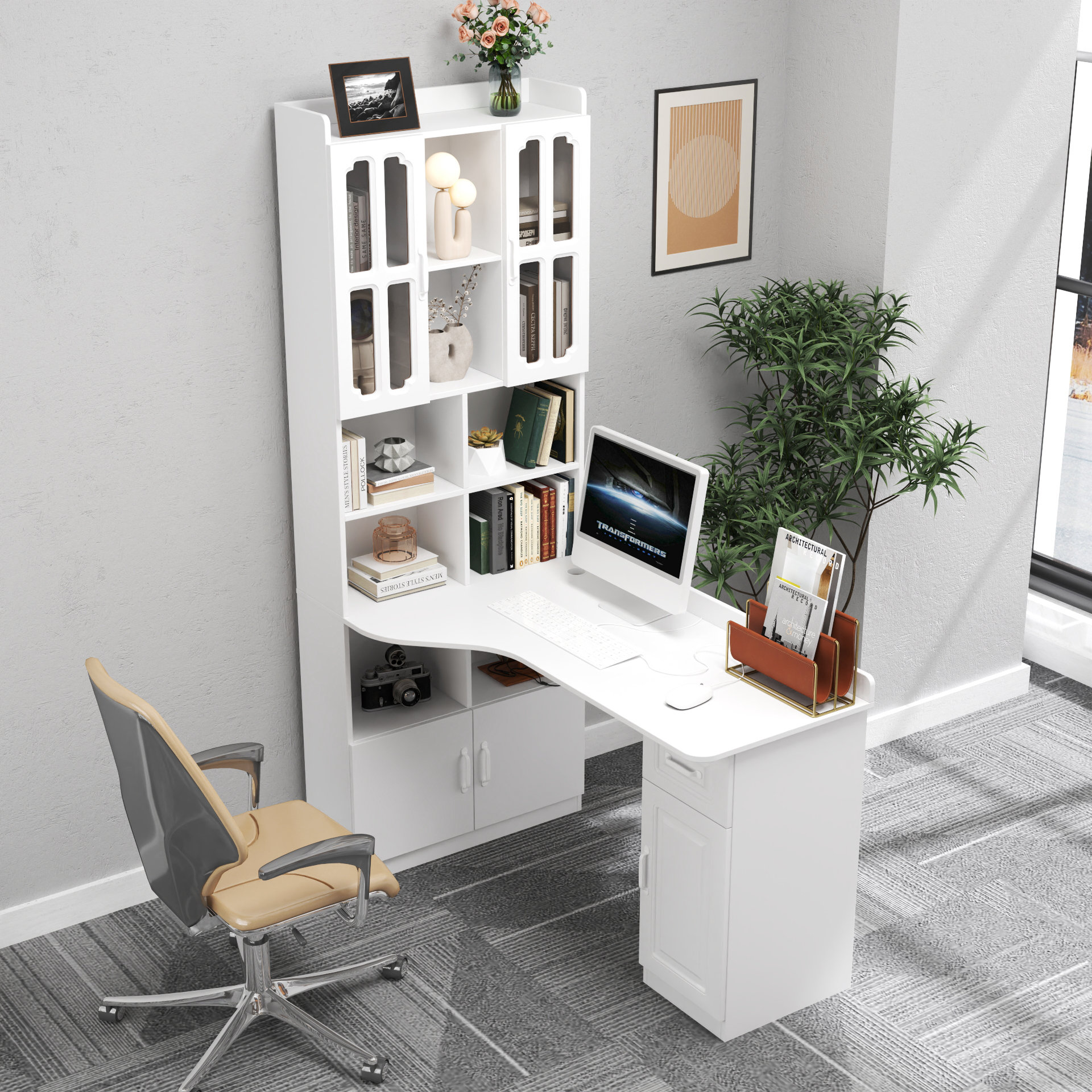 Red Barrel Studio L-Shaped Computer Desk with Bookshelf , 76" Height ...