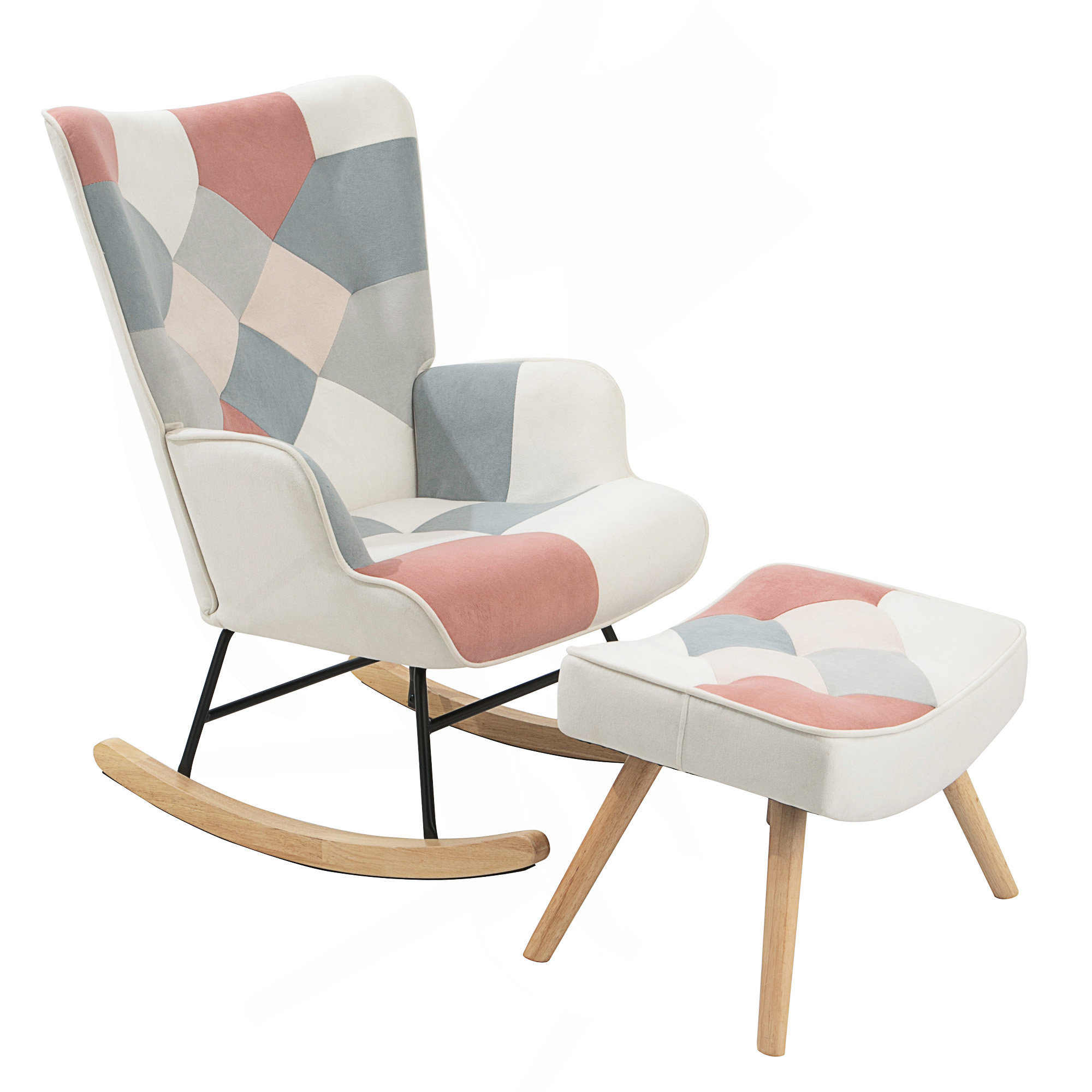 George Oliver Mid Century Fabric Rocker Chair With Ottoman, Wood Legs ...