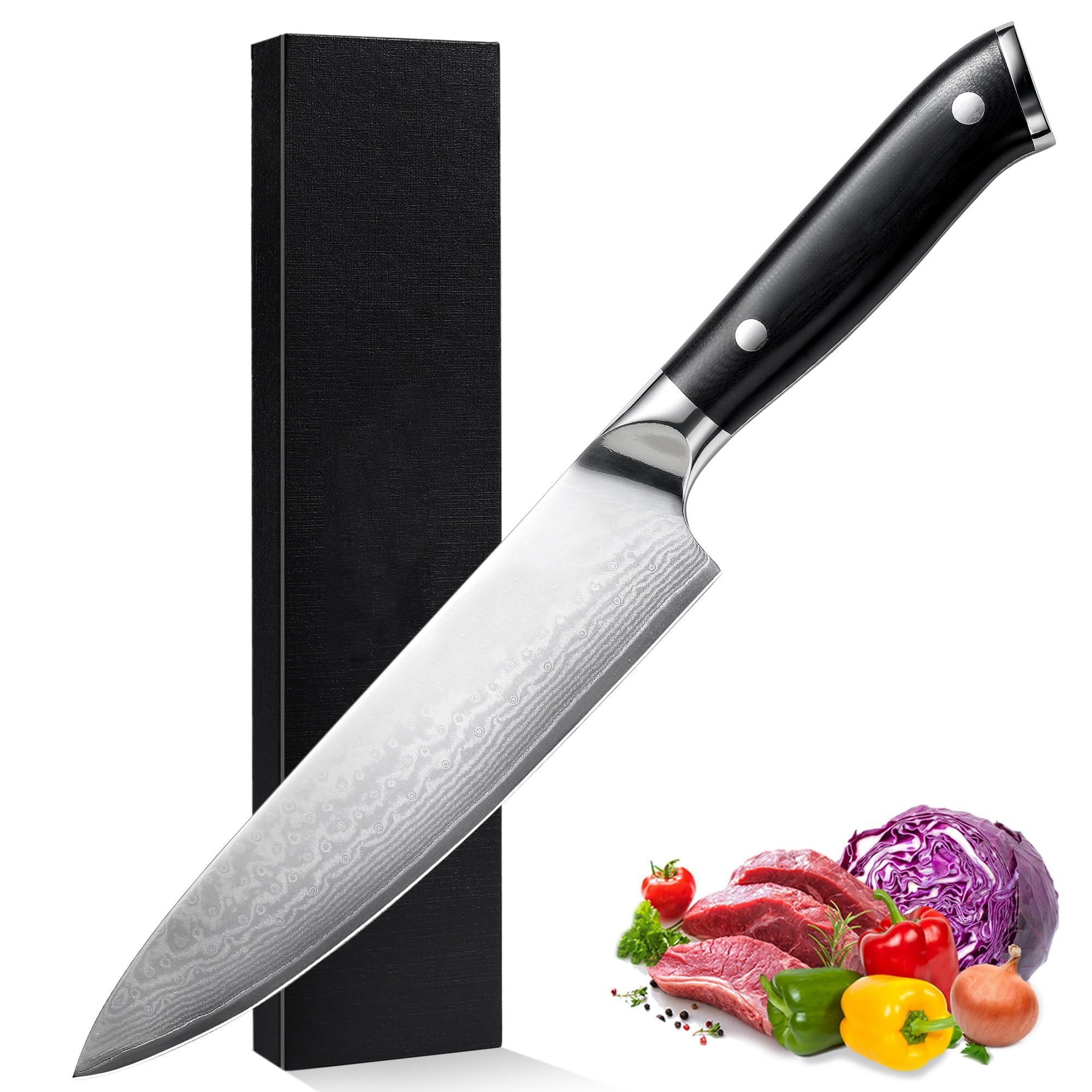 MODERN WALLS LLC Damascus Chef Knife, 8 Inch Kitchen Knife, 67 Layers ...