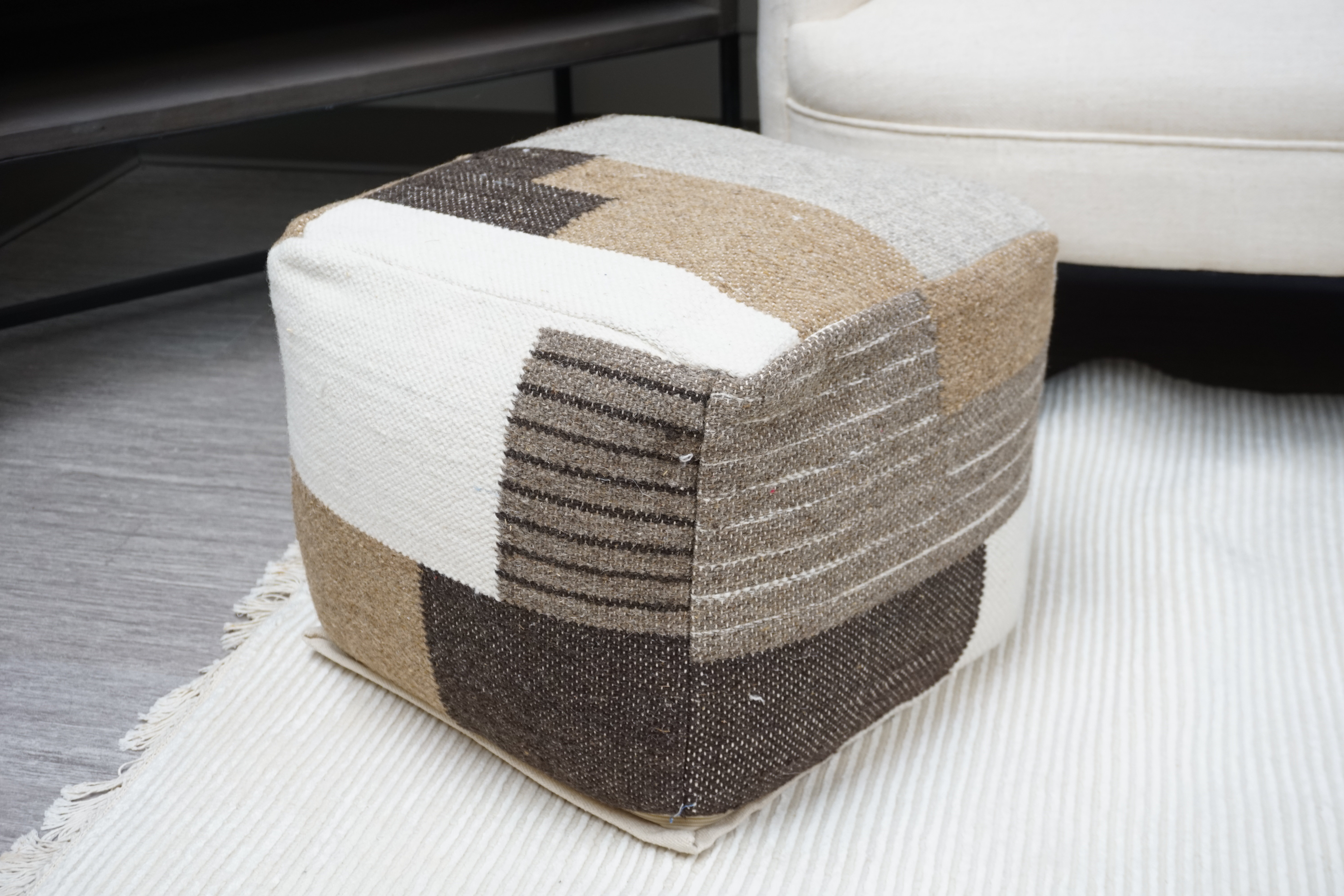 Ebern Designs Denzyl 16" Wide Cotton Square Abstract Pouf Ottoman | Wayfair