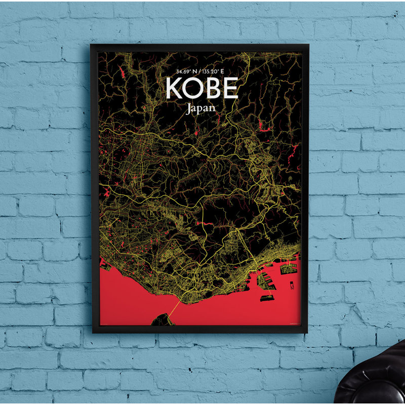 Wrought Studio 'Kobe City Map' Graphic Art Print Poster in Contrast ...