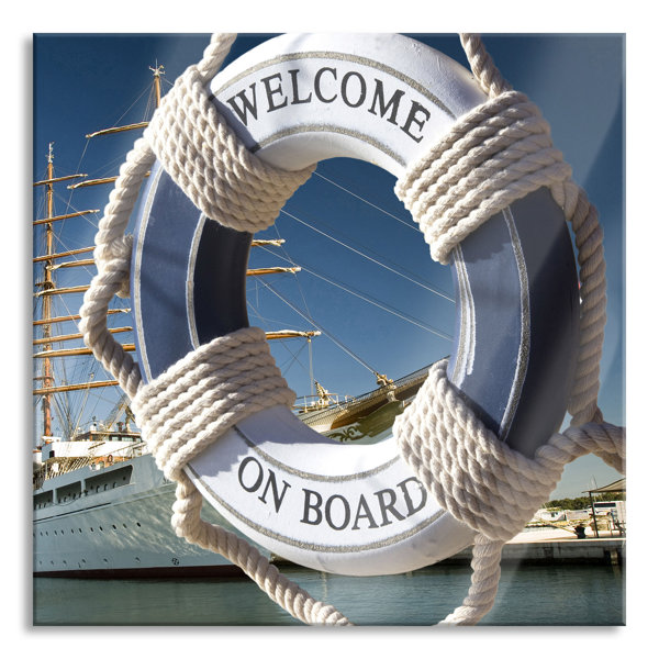 Longshore Tides Life Ring In Front Of Ship - No Frame Print on Glass ...