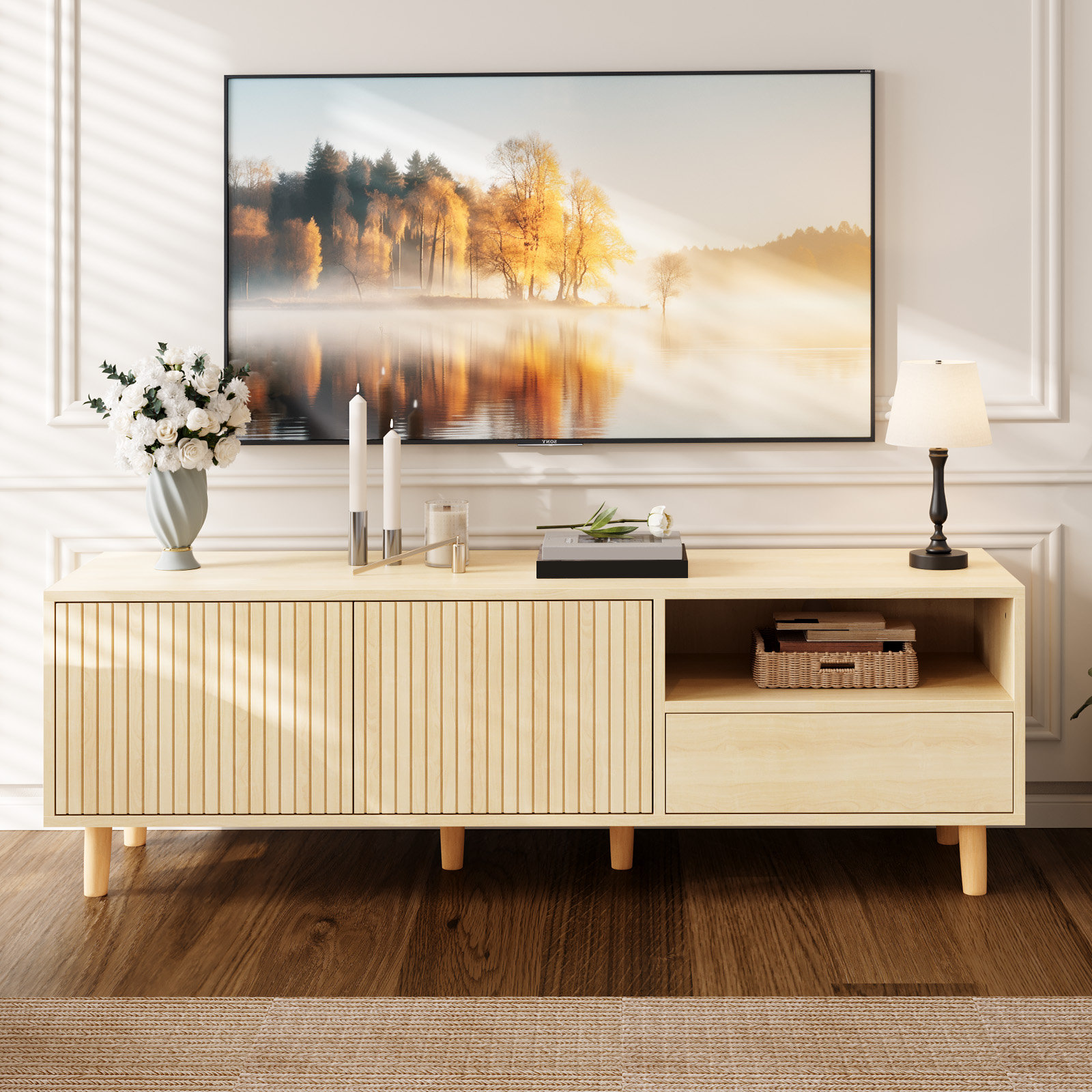 George Oliver Fluted Tv Stand For 65 Inch Tv, Modern Wood Entertainment Center With Storage ...