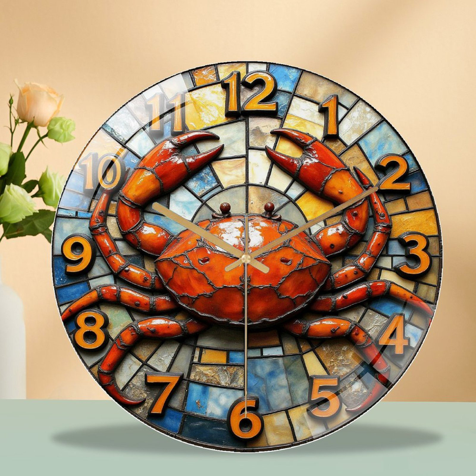 Highland Dunes Crab Wall Clock for Home Decor Art - 12'' Modern Glass ...