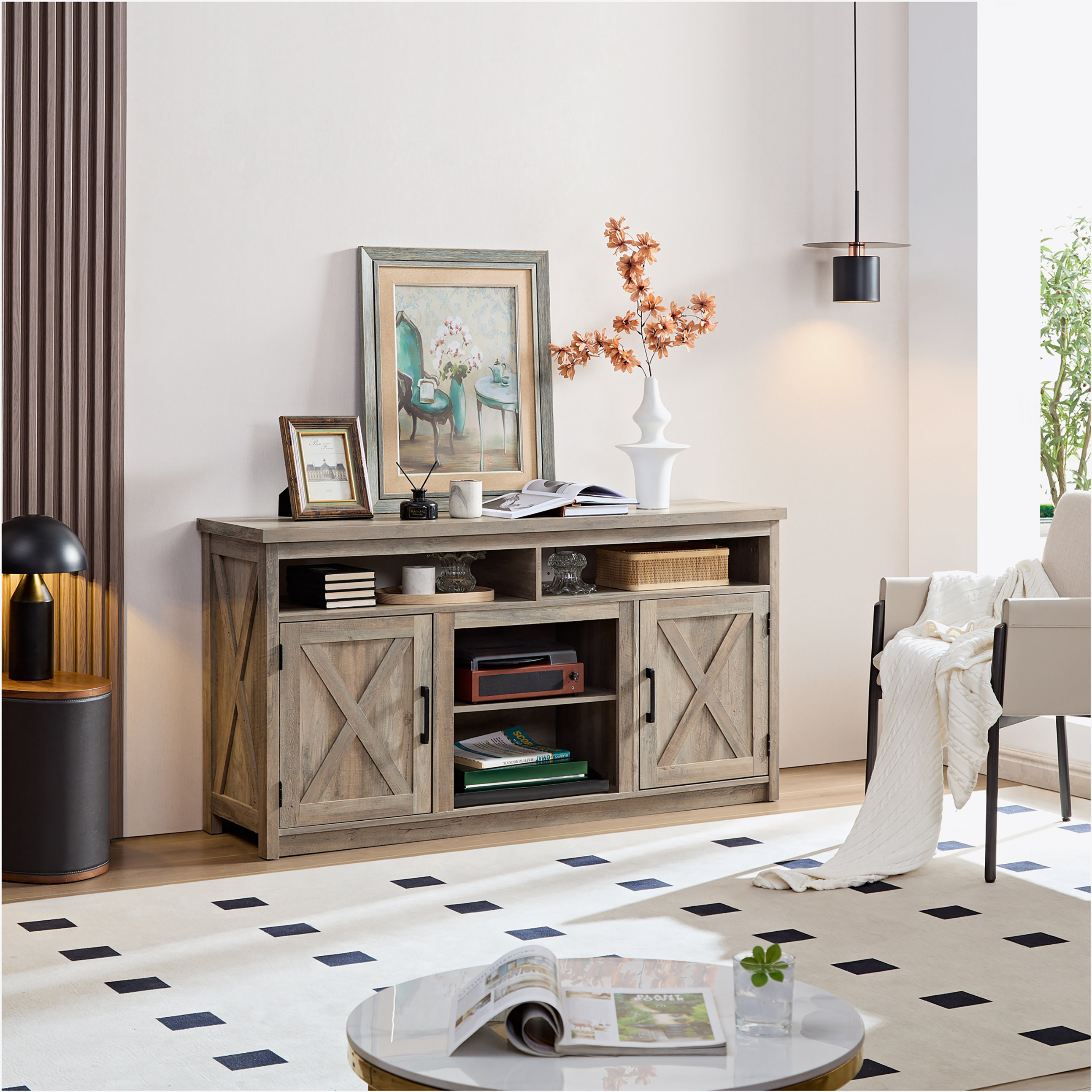 August Grove Farmhouse Barn door TV Media Stand Modern Entertainment ...