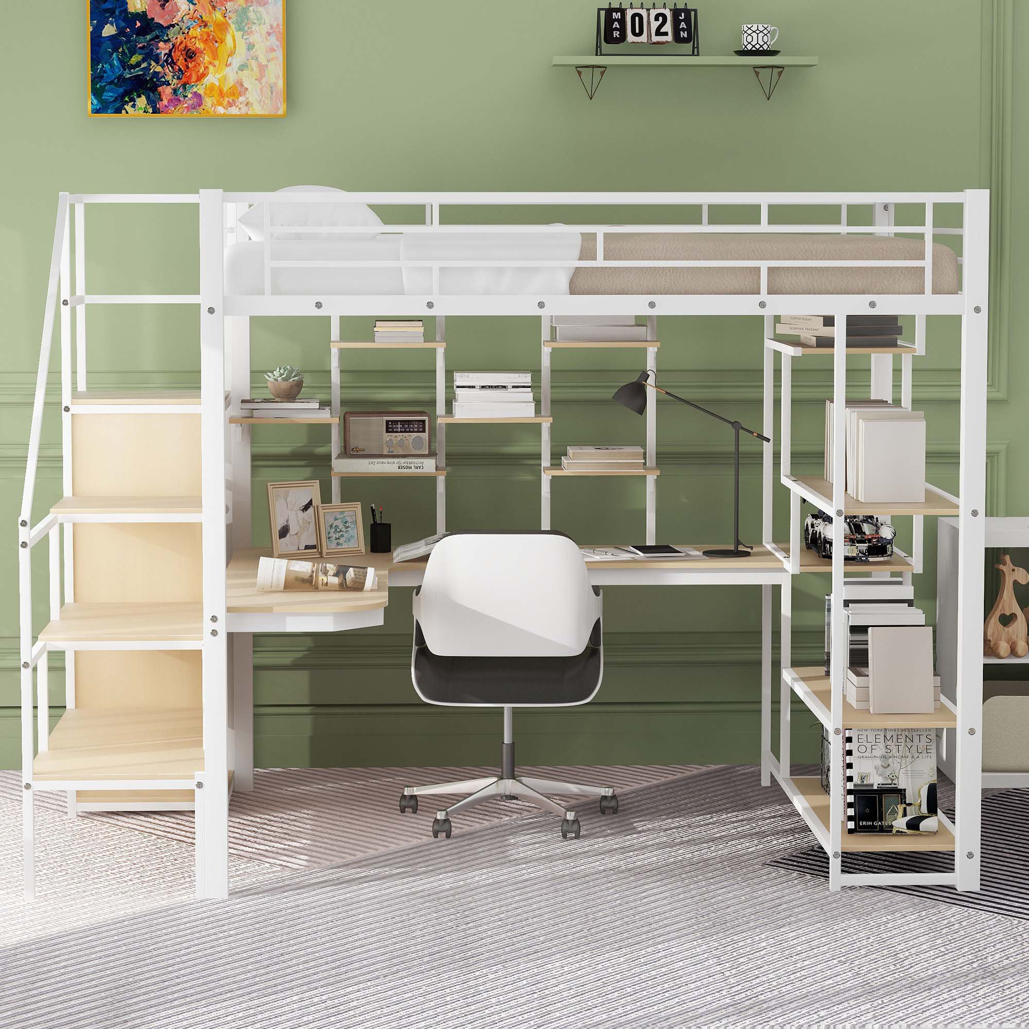 Red Barrel Studio® Full Size Metal Loft Bed with Storage Staircase and ...