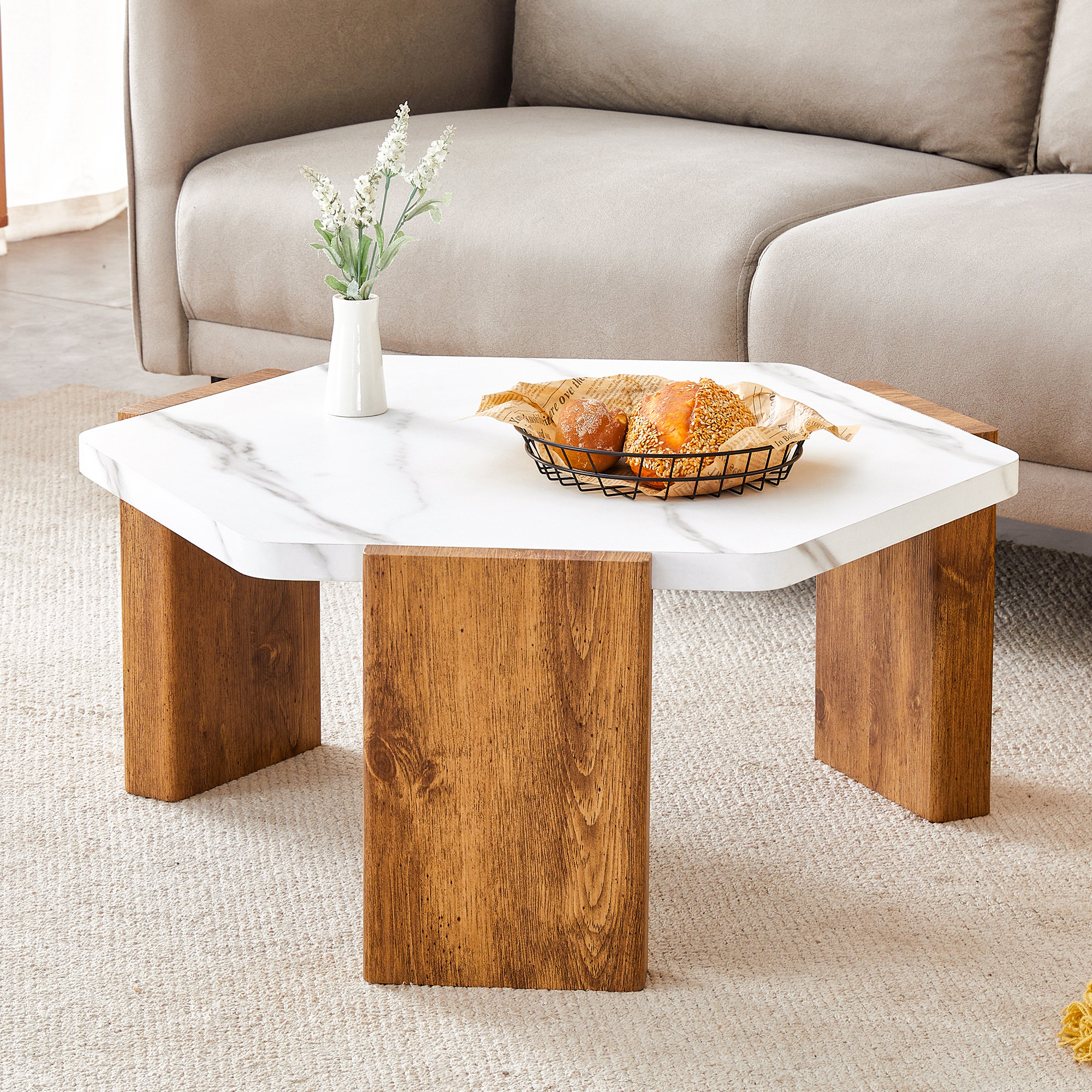 Wrought Studio 31-Inch White Marble Desktop Coffee Table with Wooden ...