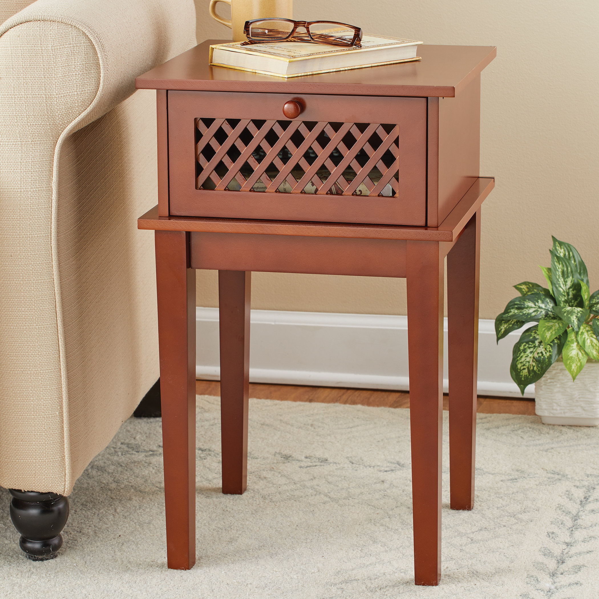 Winston Porter Elegant Wooden Lattice Side Table with Drawer | Wayfair