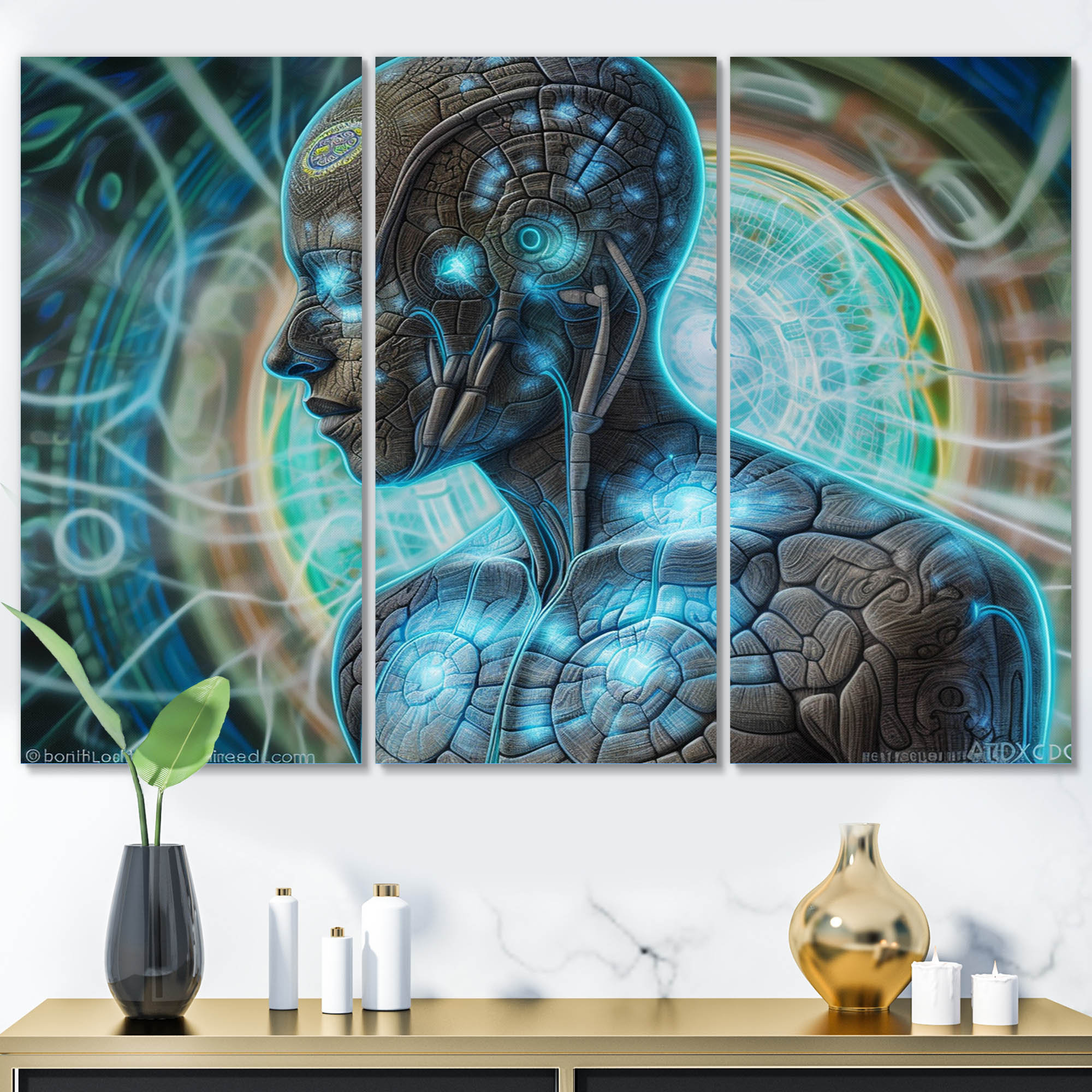 Design Art Future Telepathy Turquoise Cybog - Robot Wall Decor Set ...