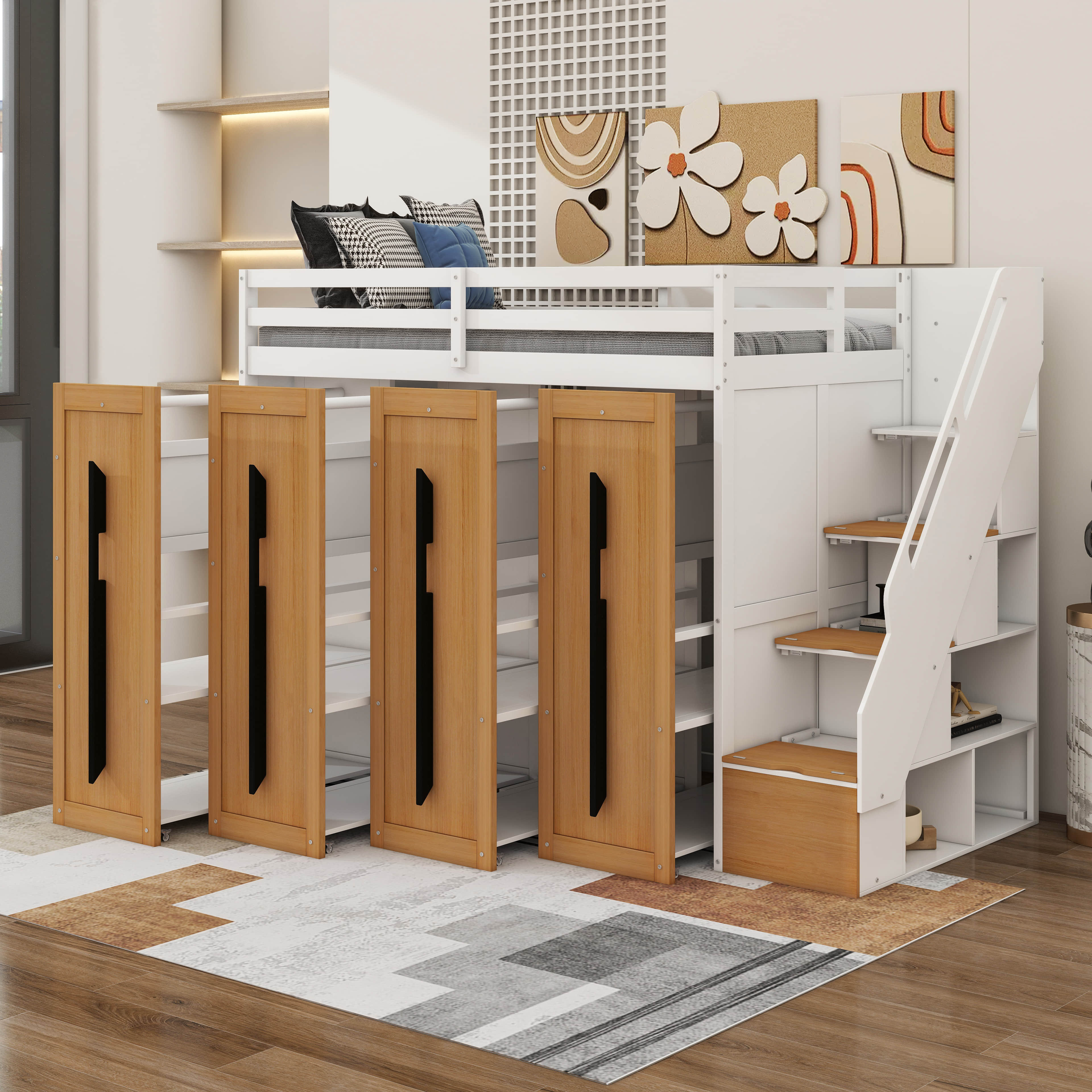 Latitude Run® Twin Size Modern Loft Bed With Two-Tone Storage Stairs ...