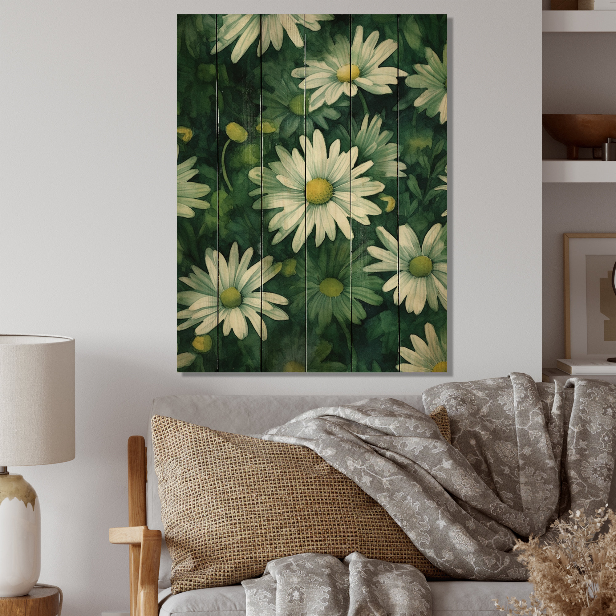 Red Barrel Studio® Alaisha White Green Flower Daisy Fusion I On Wood ...