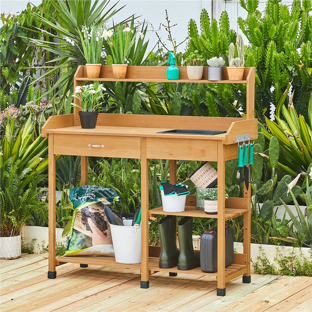 Loon Peak® Burroughs Fir Wood Outdoor Potting Bench with Sink Drawer ...