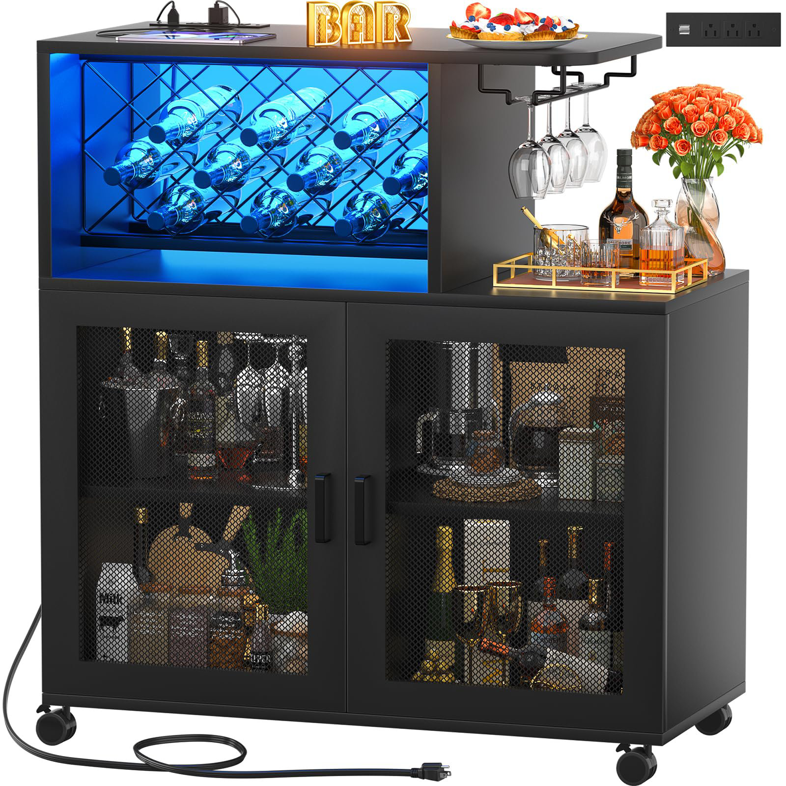 Bungalow Rose Mekaal Bar Cabinet with Power Outlet, Glass Holder ...