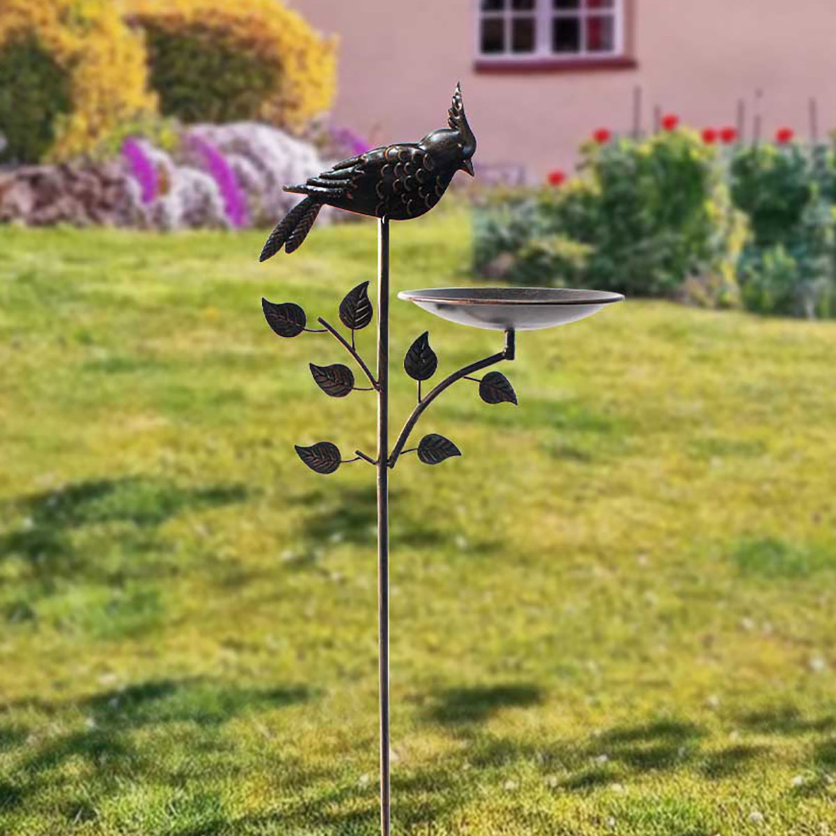 Charlton Home® Standing Metal Outdoor Birdbath/Feeder Stake for Garden ...