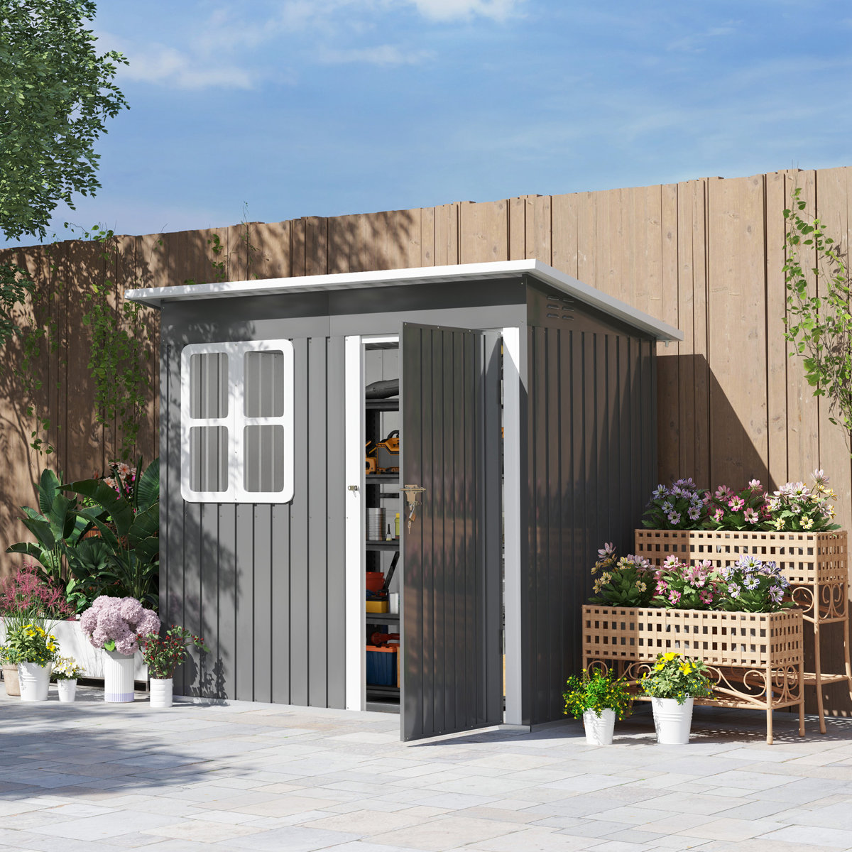 Outsunny Garden 7 ft. W 4 ft. D Galvanised Steel Sloped Storage Shed ...
