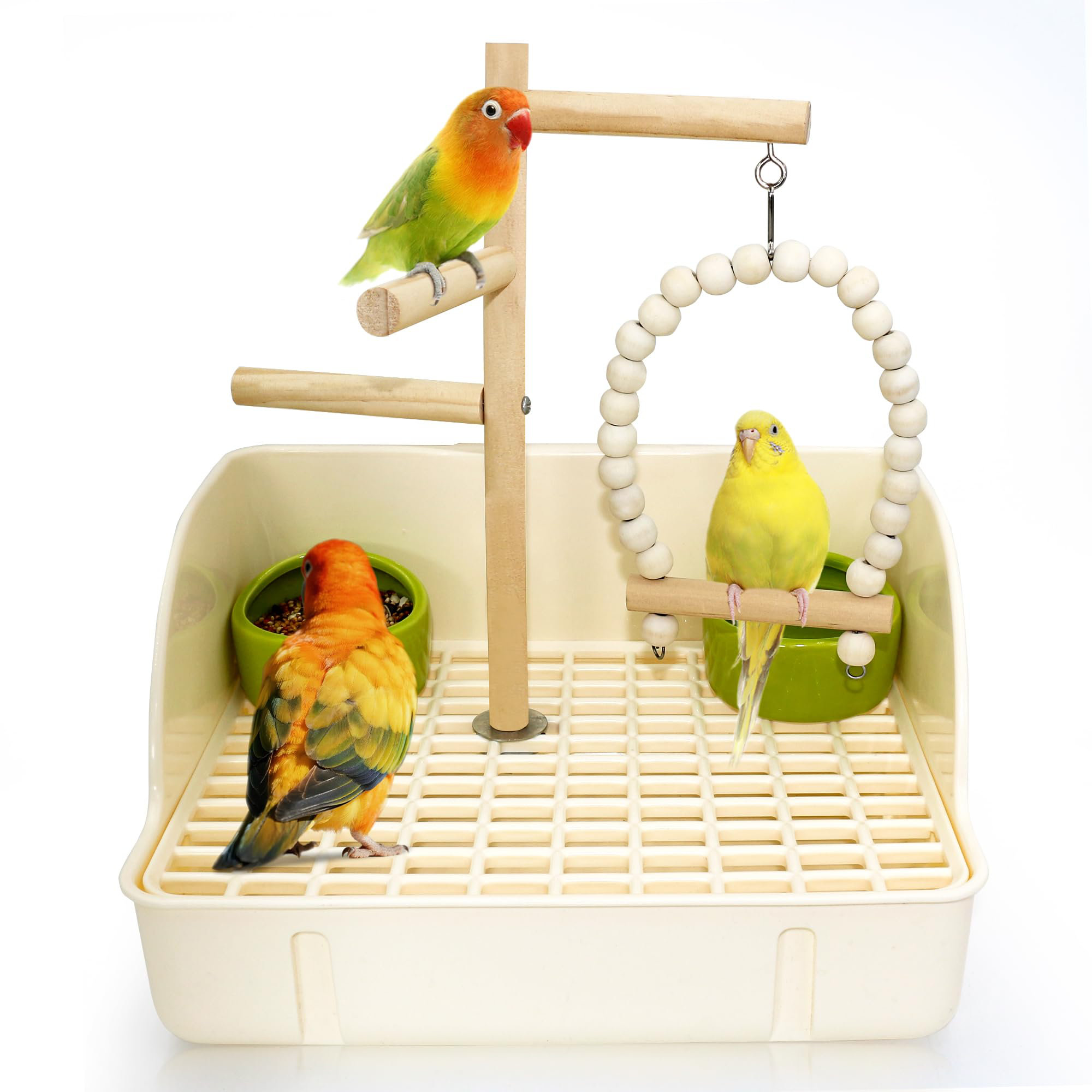 HIBAMSTOR 3 In 1 Bird Playground Stand Tabletop With Large Tray, Wooden ...