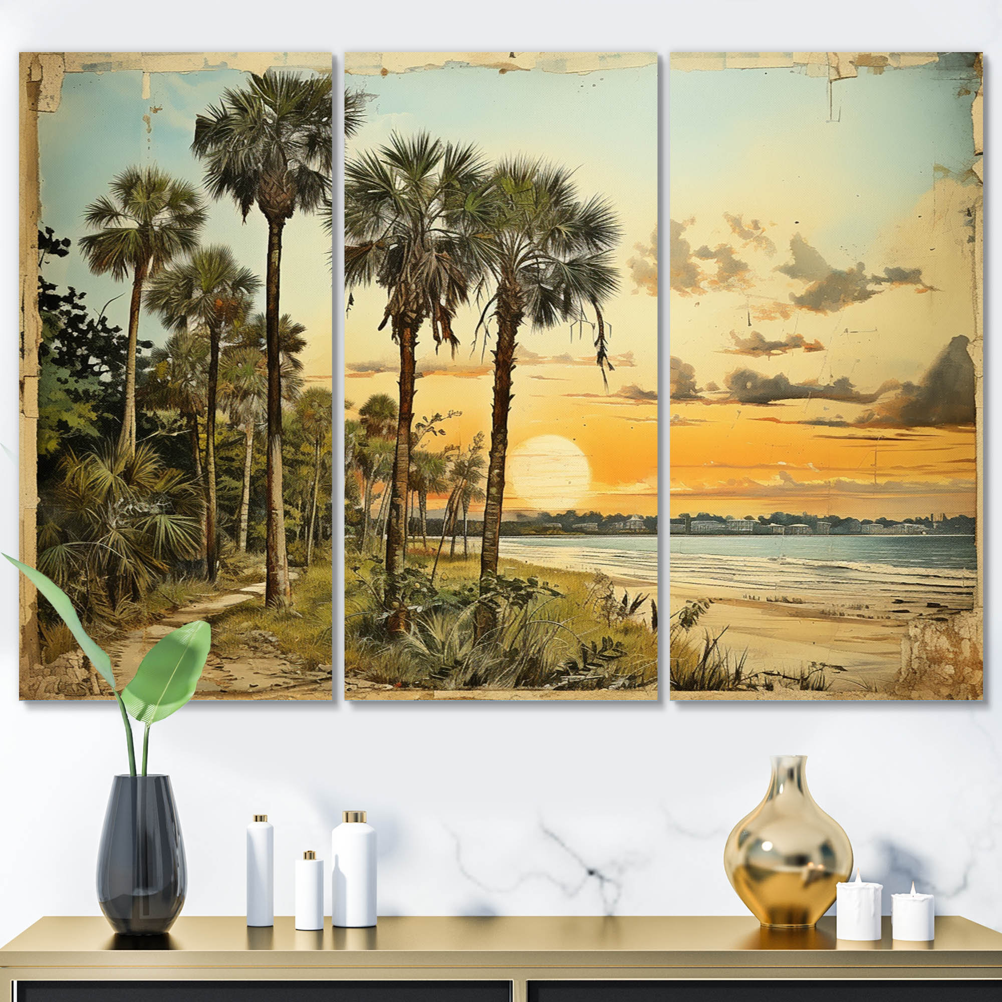 Design Art Vintage Florida Collage Palm Trees And Beach V - Florida ...