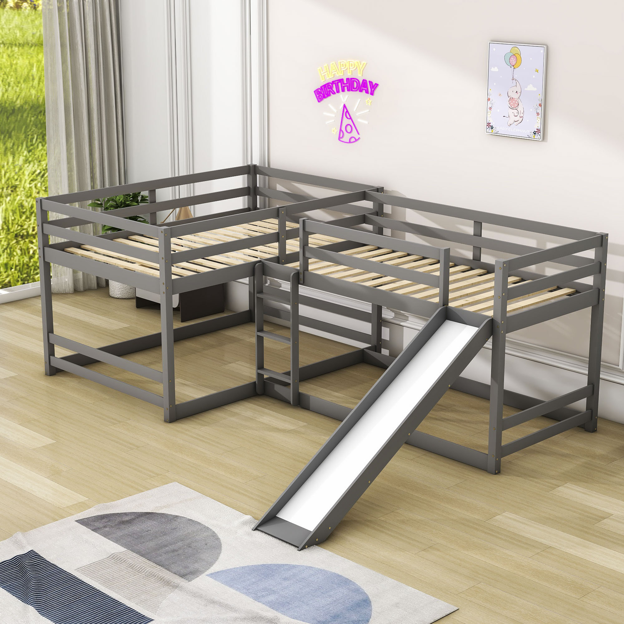 Harriet Bee Faso L-Shaped Quad Wood Bunk Bed, Full over Full and Twin ...