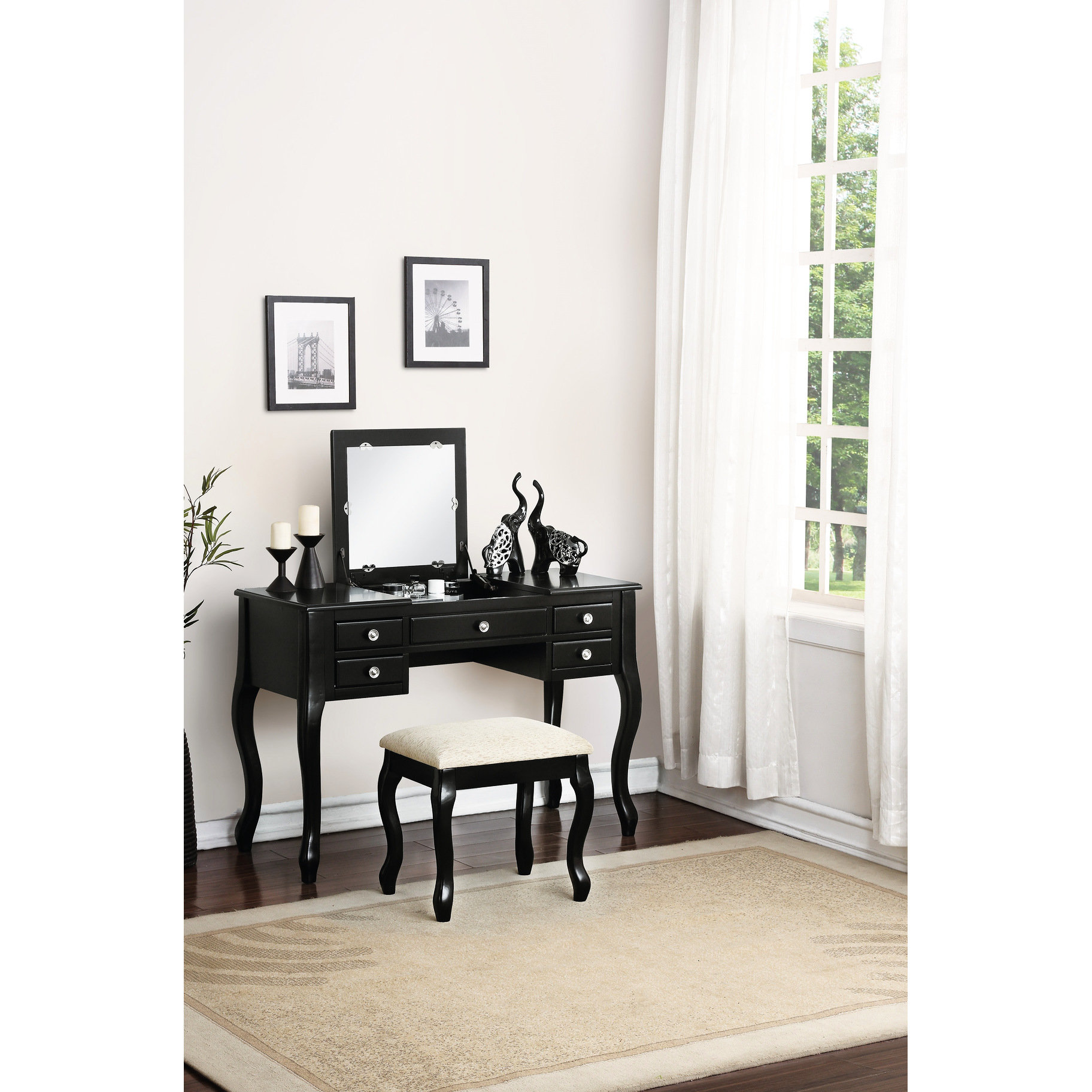 Hokku Designs Bedroom Vanity With Stool, Black Finish, Flip-Down Panel ...
