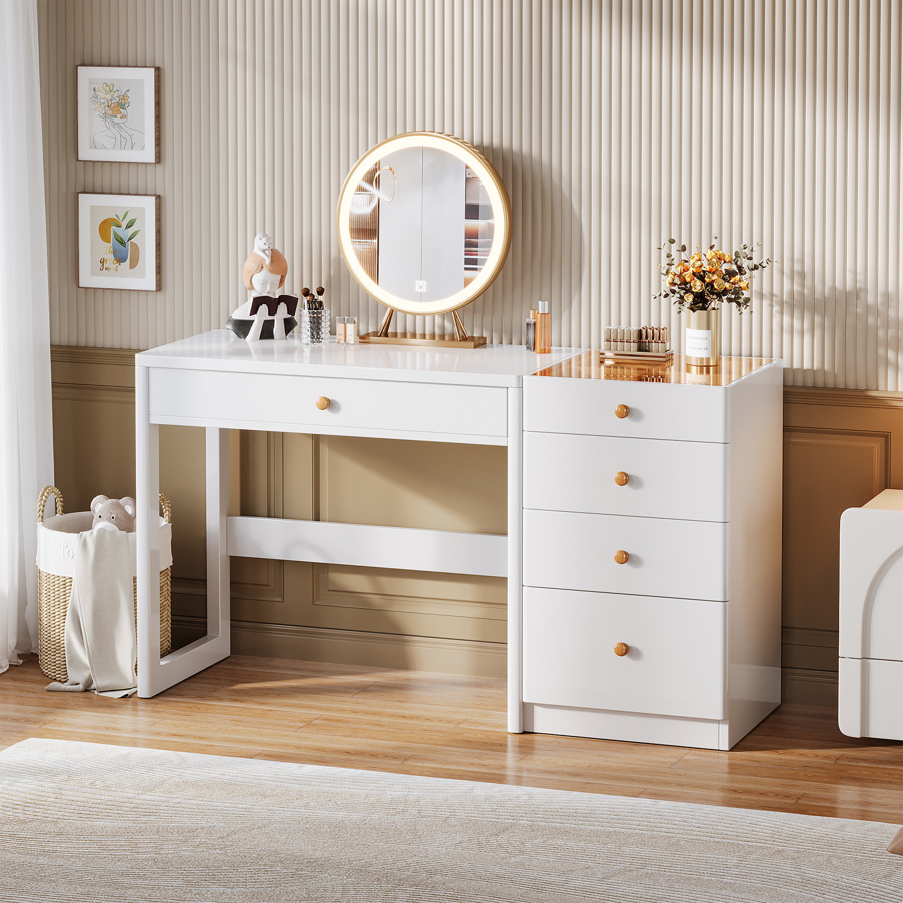 Ebern Designs 47" Makeup Vanity Desk Modern Vanity Desk Glass Top 5 ...