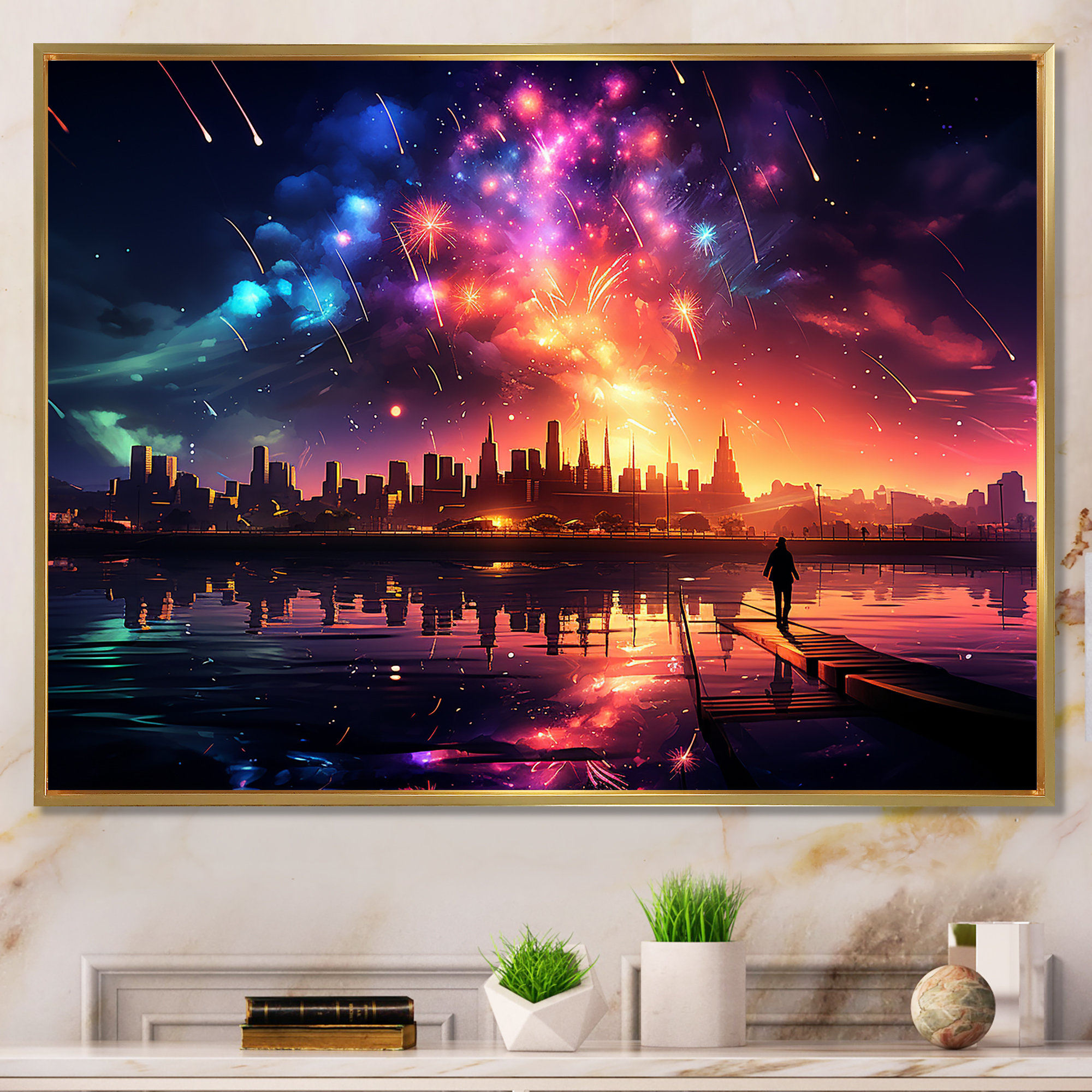 Ebern Designs Colorful Fireworks Above The City At Night I - Fireworks ...