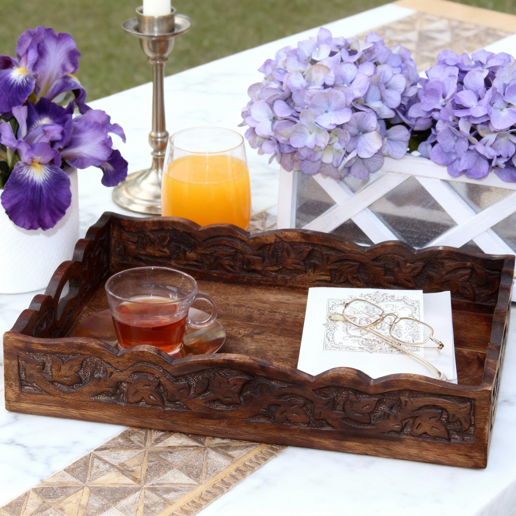 Millwood Pines Hand Carved Wooden Serving Tray - Solid Wood Breakfast ...