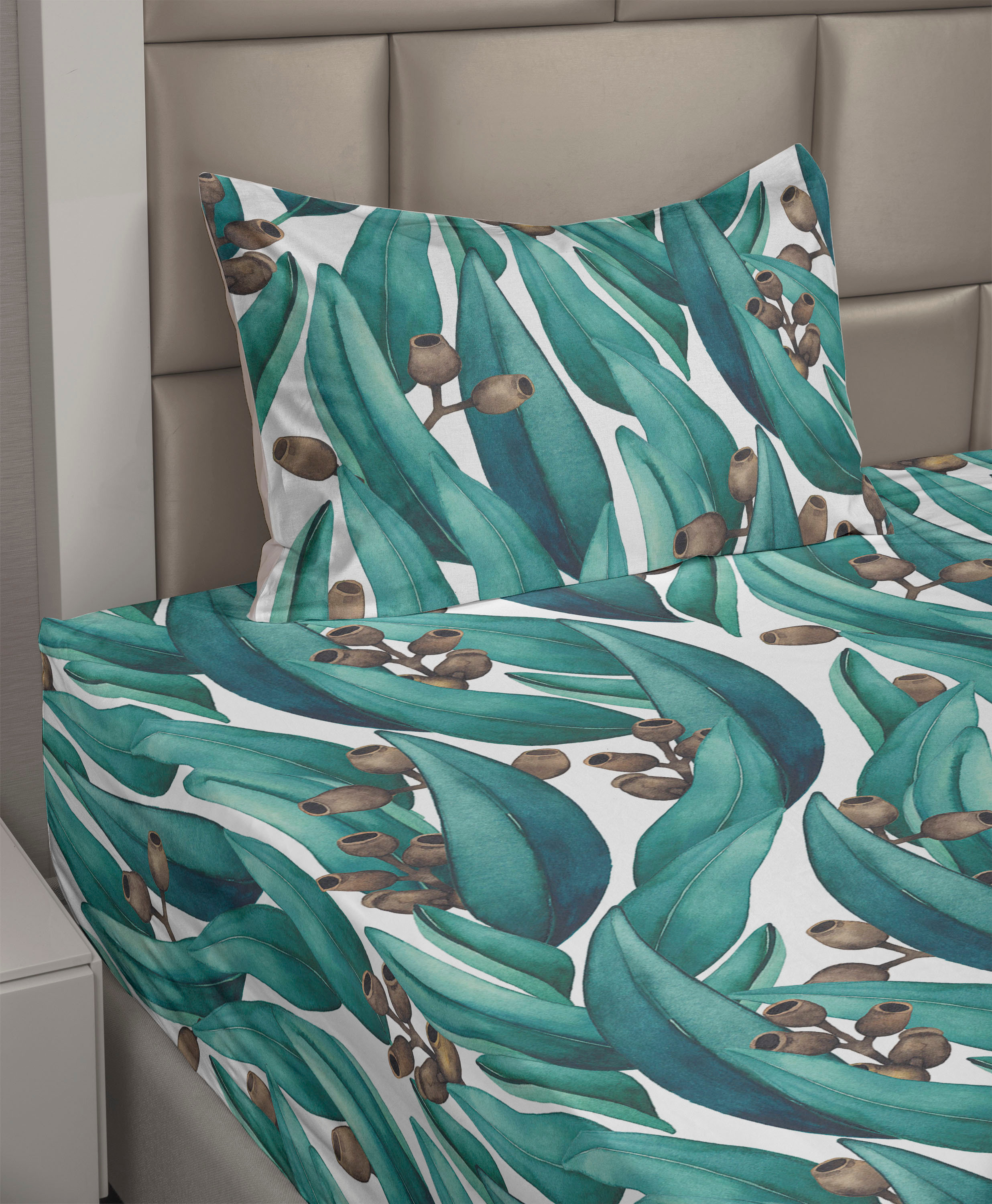 Ambesonne Botanical Sheet Set Eucalyptus Leaves Buds Teal Brown White ...