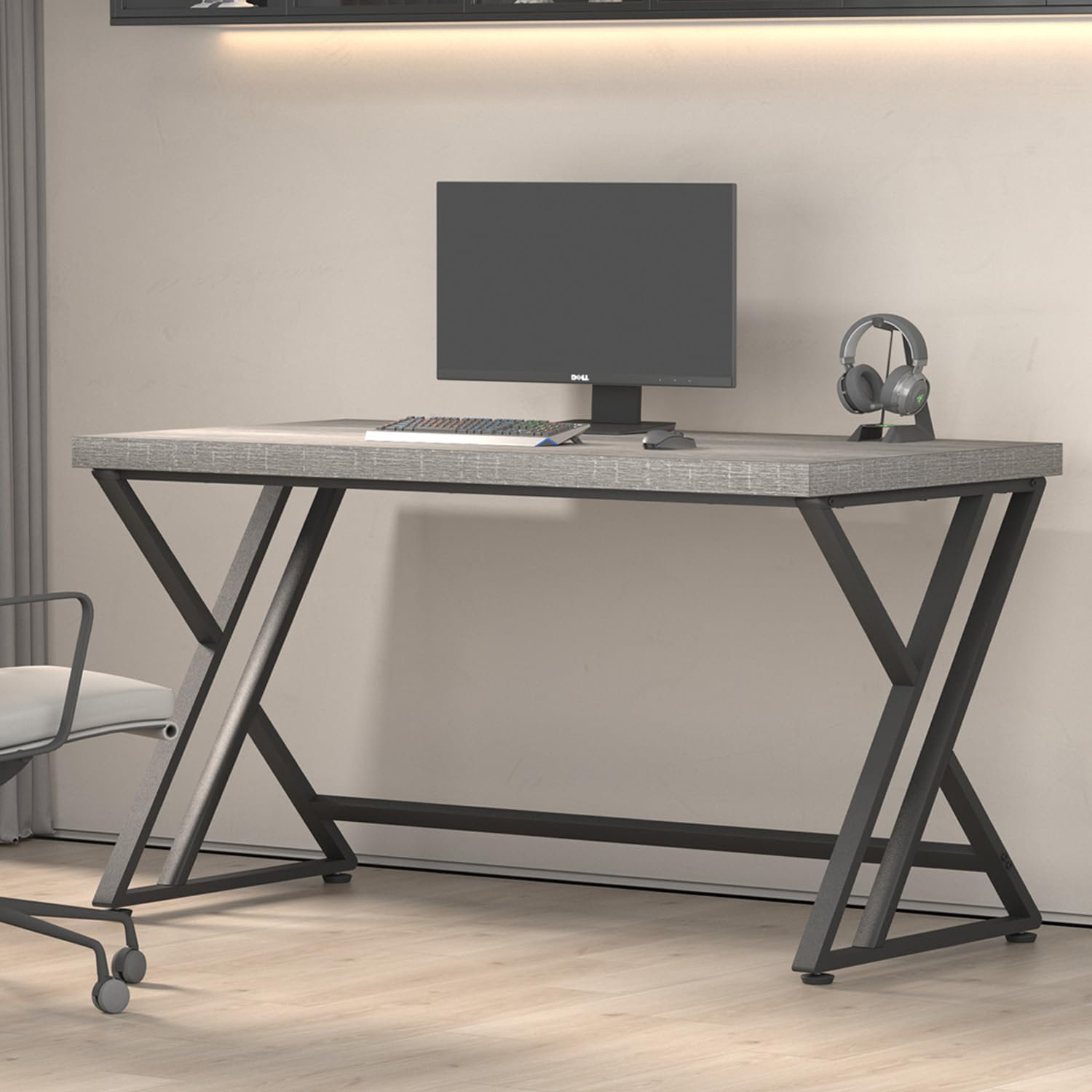 17 Stories Grey Computer Office Desk, Industrial Wood PC Gaming Gray ...