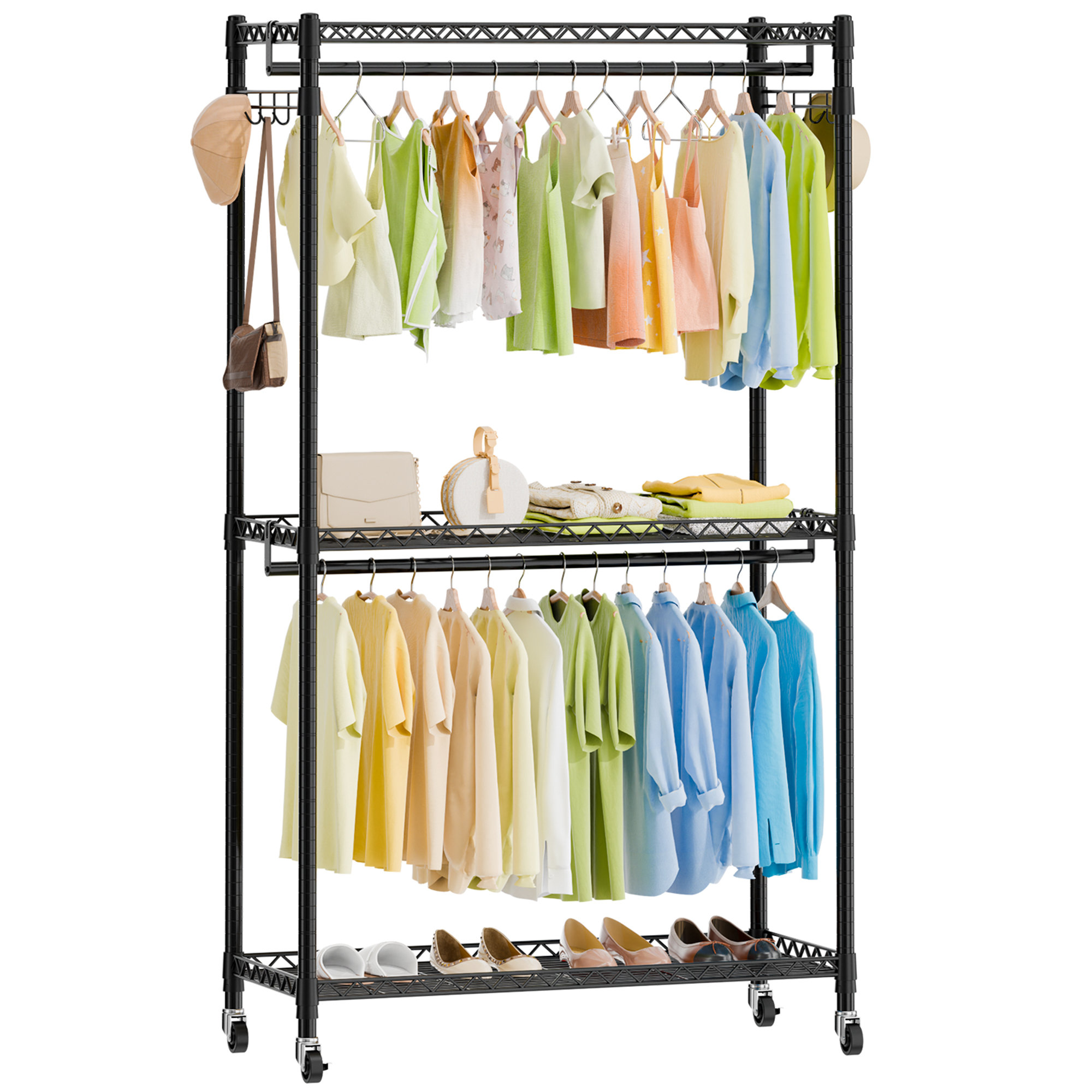 Rebrilliant Heavy Duty Metal Garment Rack, 3 Tires Rolling Clothes Rack ...