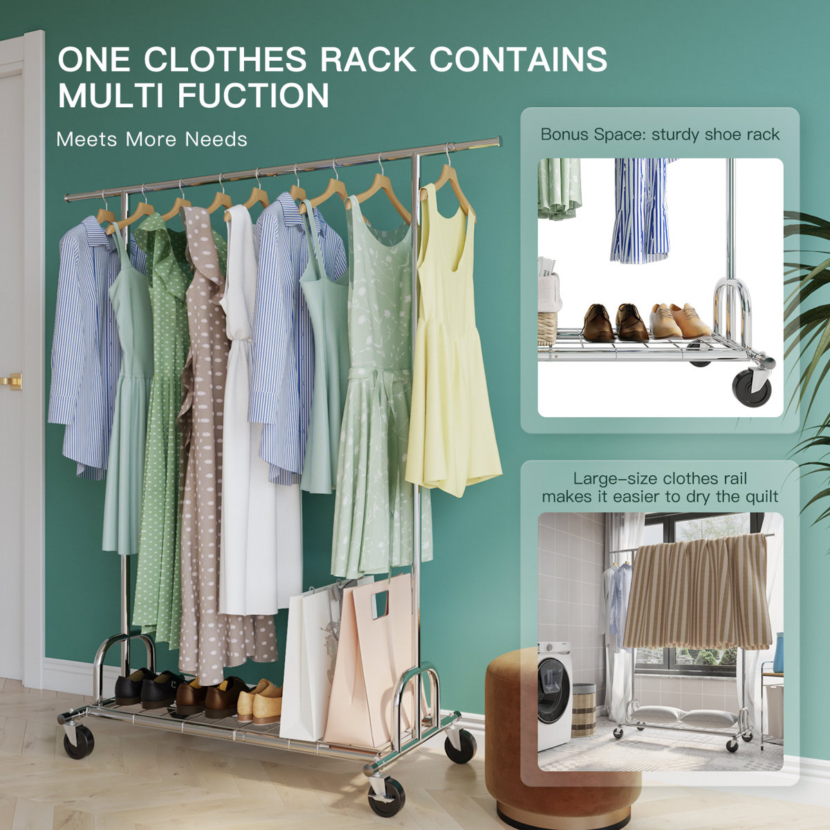 Rebrilliant Mardelle 460 LBS Clothes Hanging Rack Metal Clothes Rack ...