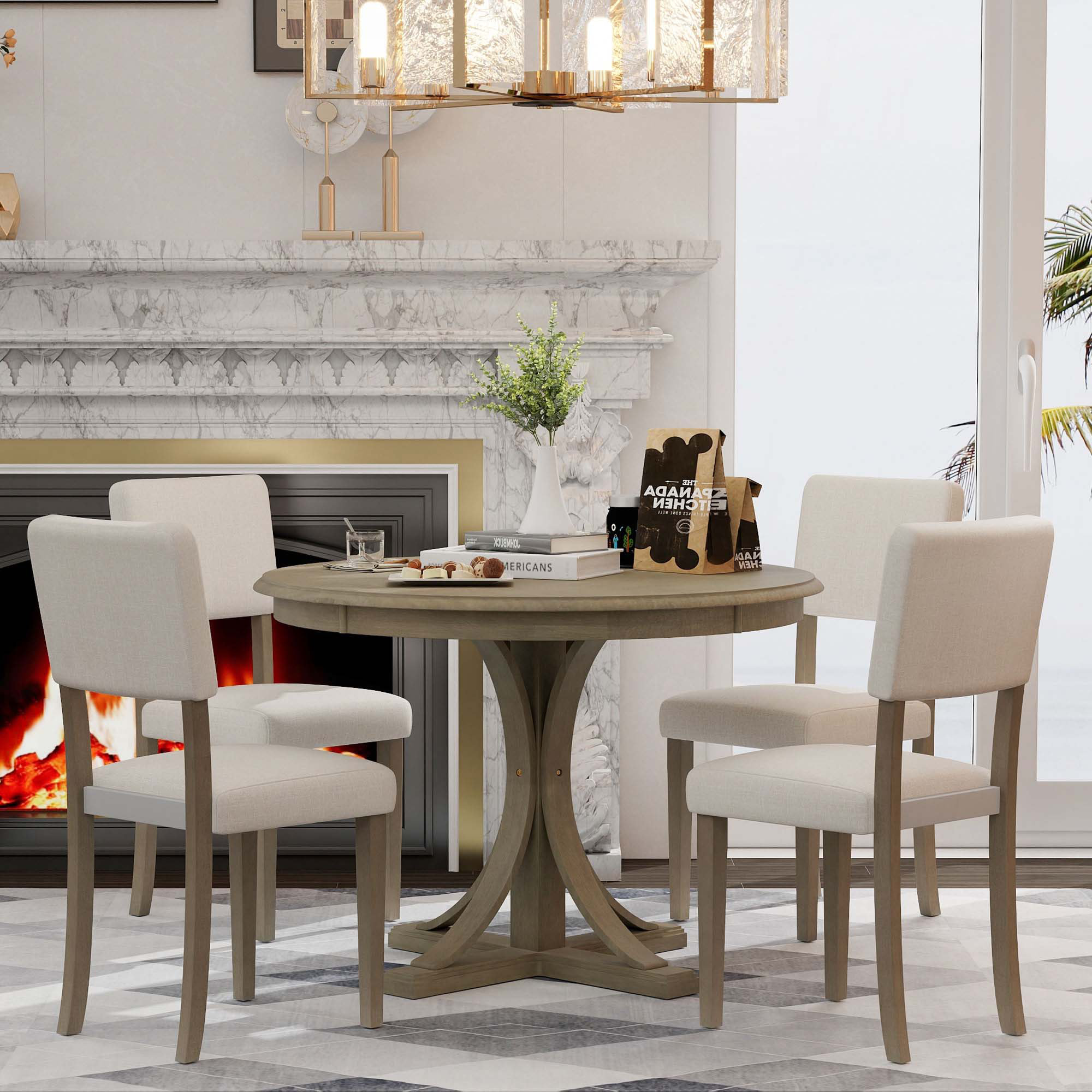 Ophelia & Co. 5-Piece Retro Round Dining Table Set with Curved Trestle ...