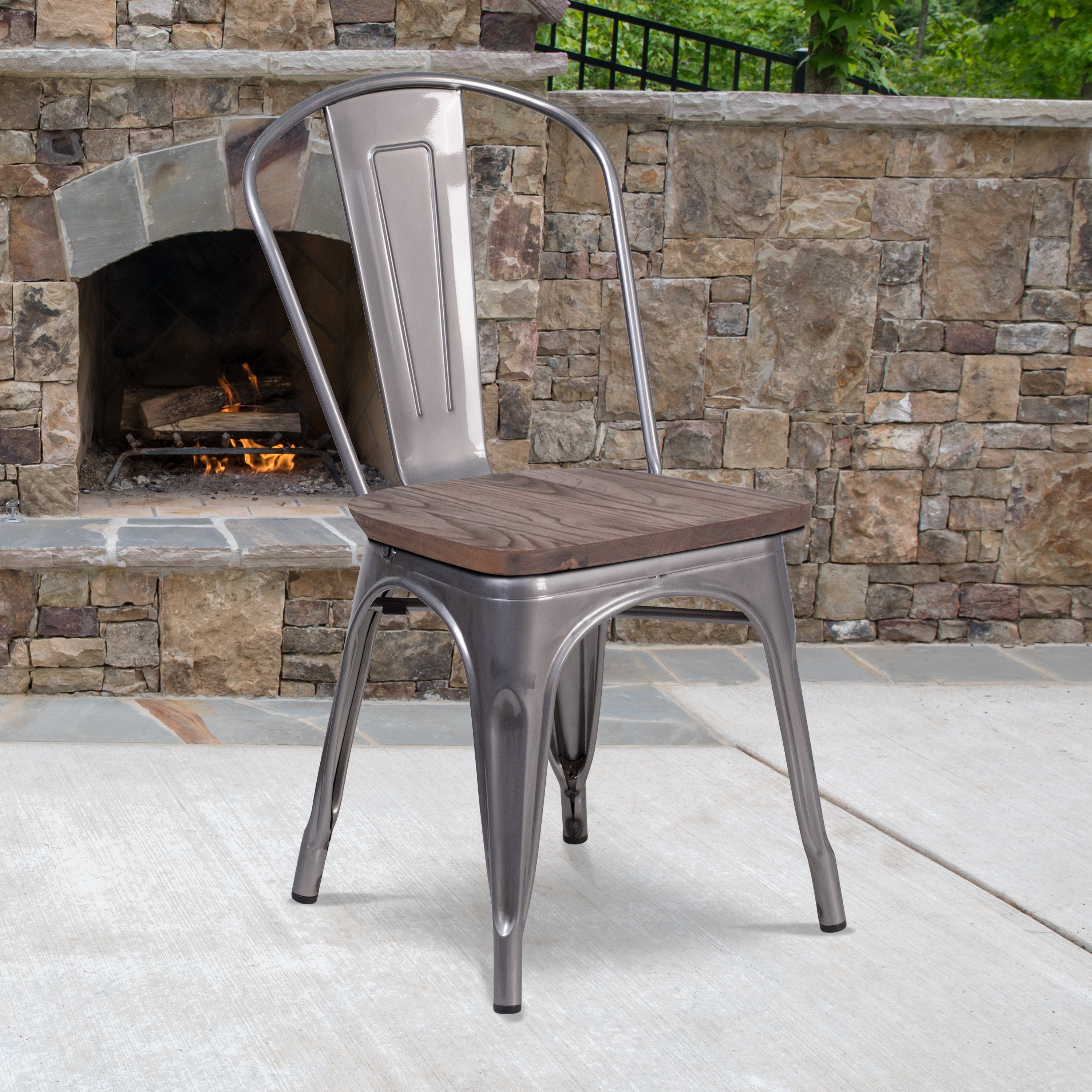 Williston Forge Dejon Clear Coated Metal Stackable Chair with Wood Seat ...