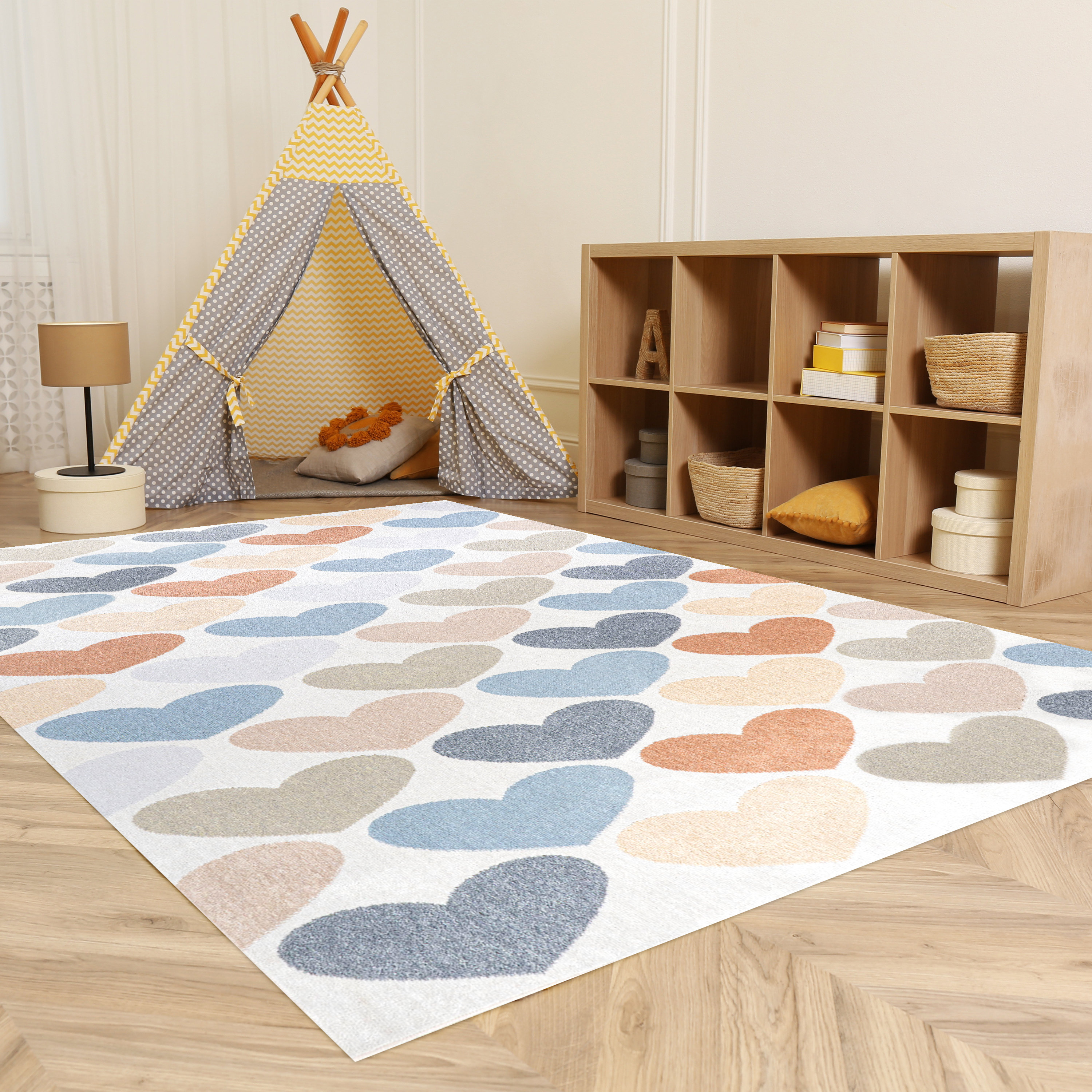 Latitude Run® Dila Modern Hearts Geometric Machine-Washable Ivory/Blue ...