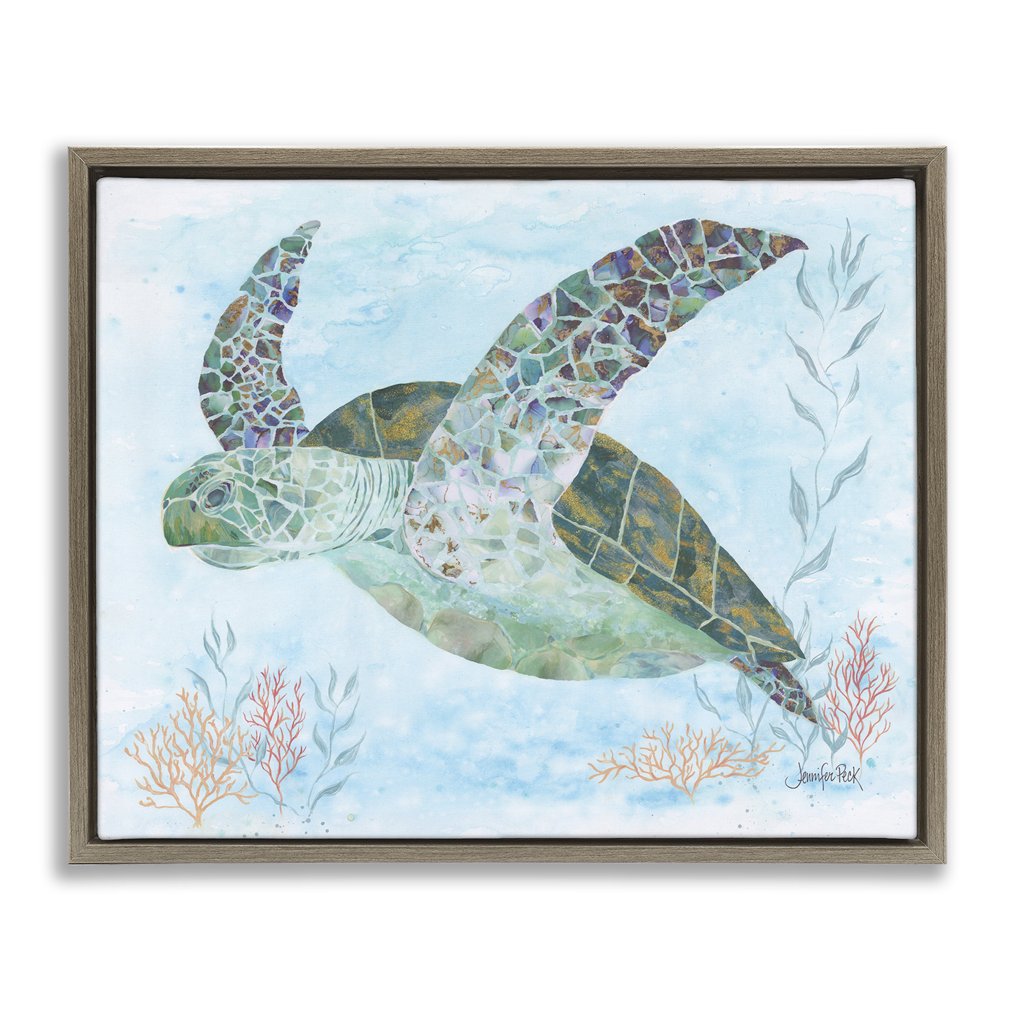 Dovecove Mosaic Tortoise Underwater Black Framed Floater Canvas Wall ...
