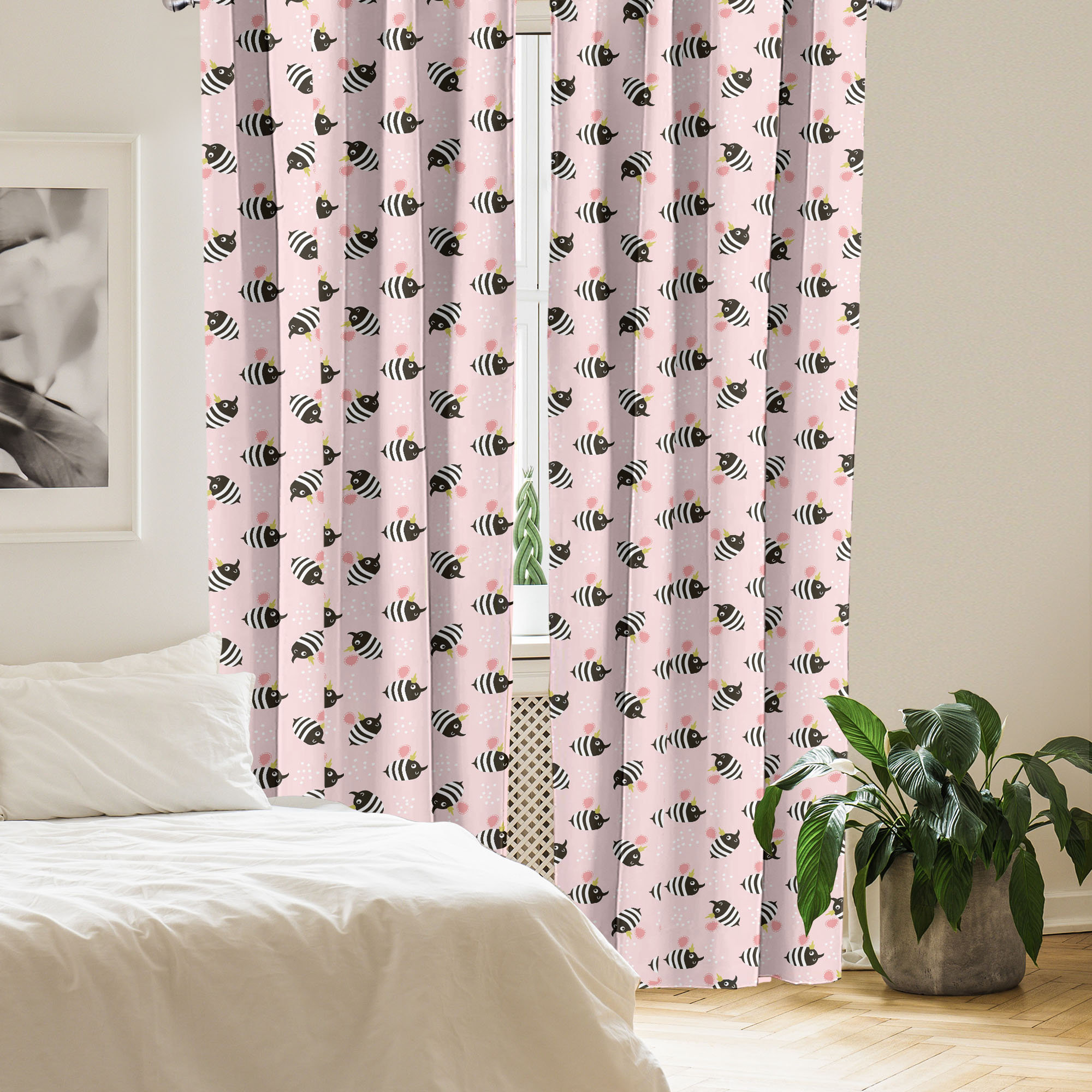East Urban Home Scandinavian 4-Panel Curtains, Cartoon Style Bees Pale ...